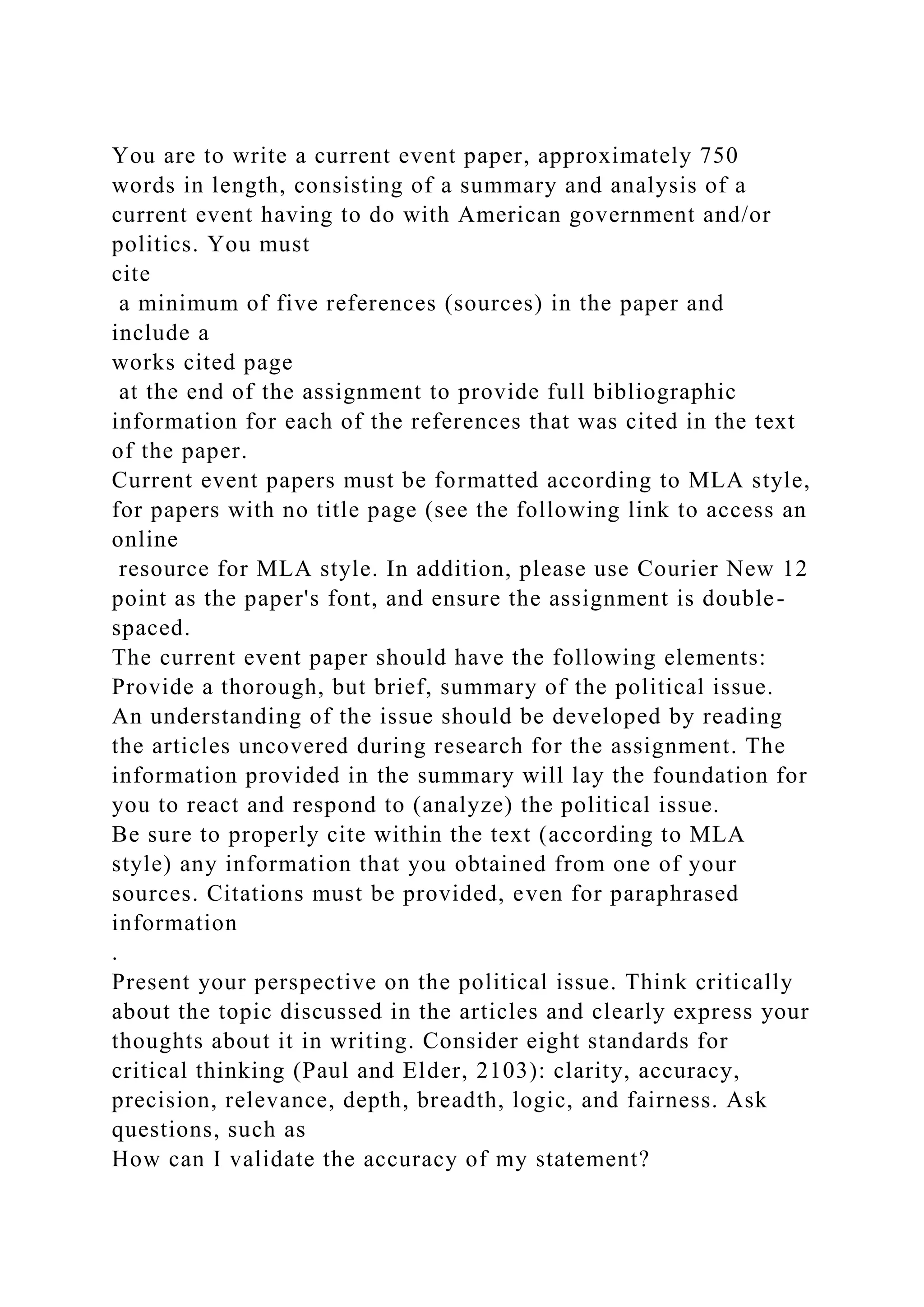 You are to write a current event paper, approximately 750 words in l.docx