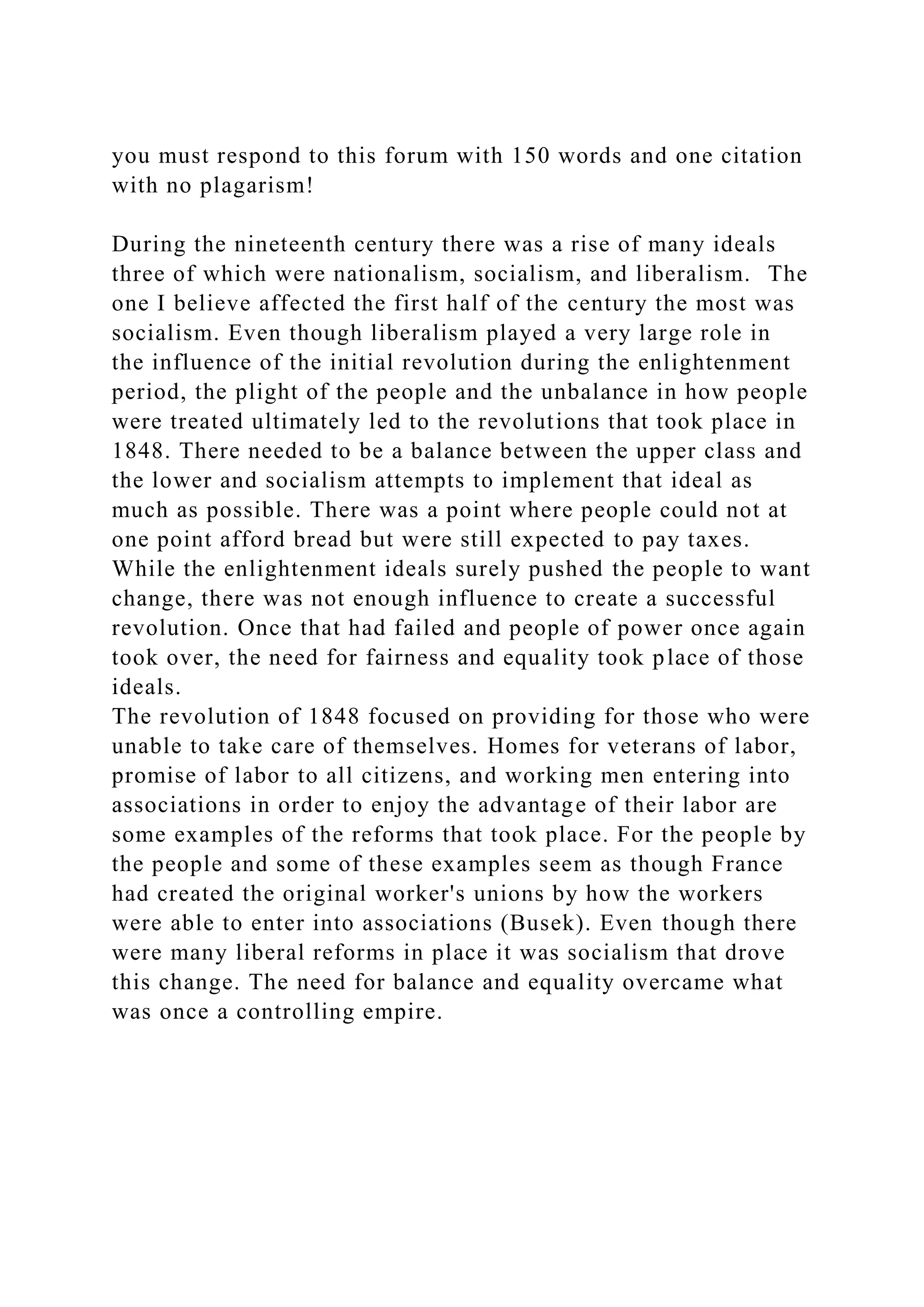 you must respond to this forum with 150 words and one citation with .docx