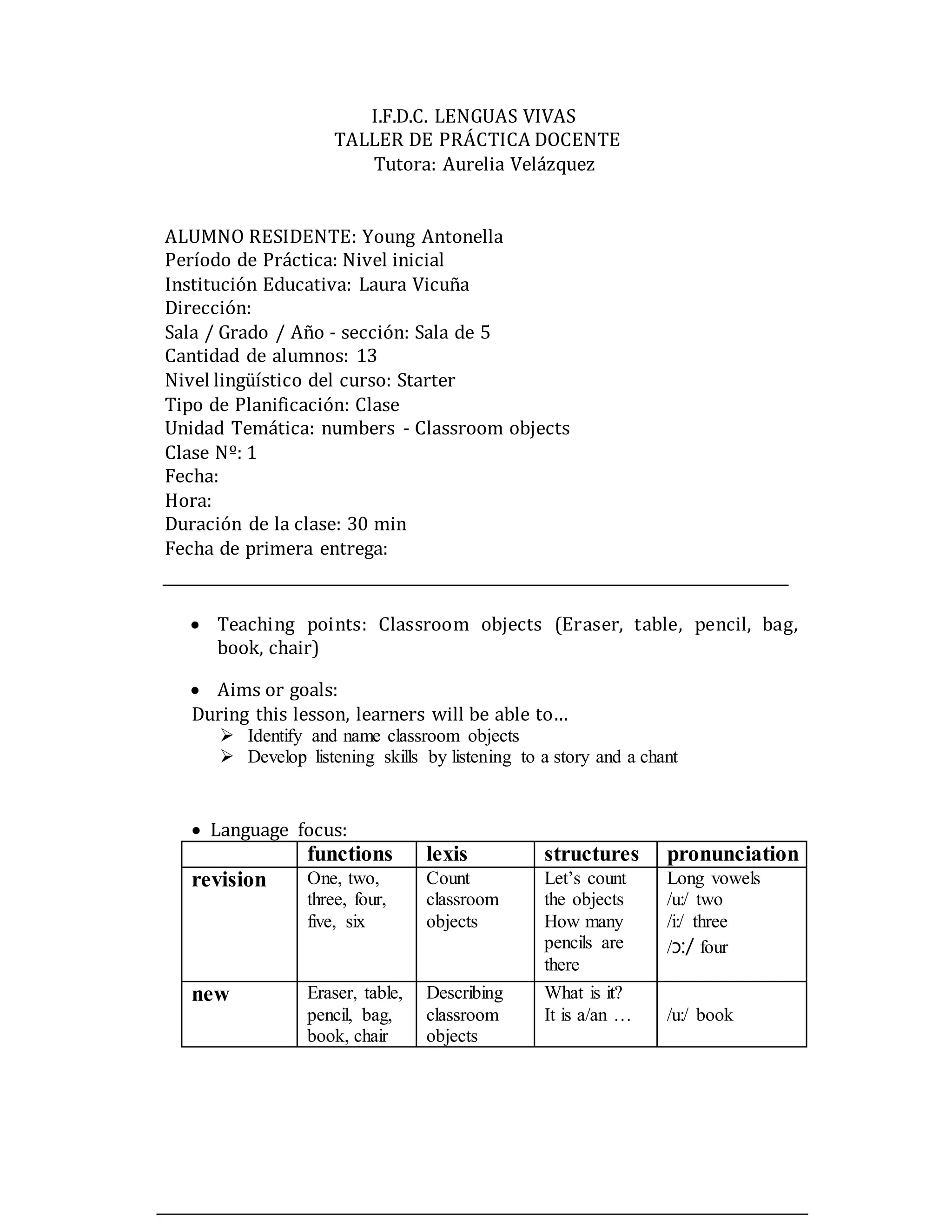 Young - lesson plans - class 1 | DOCX
