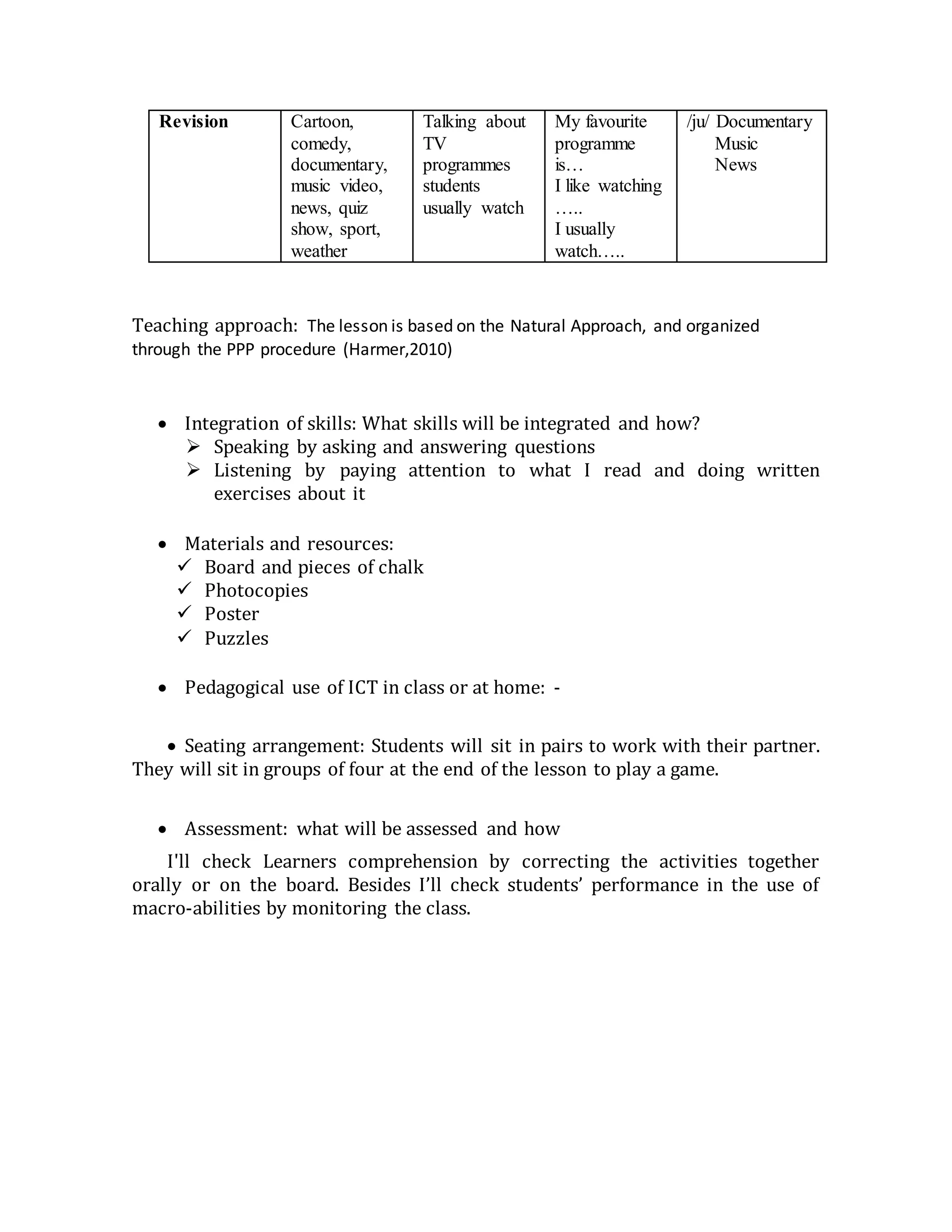 Lesson plans, class 4 | DOCX