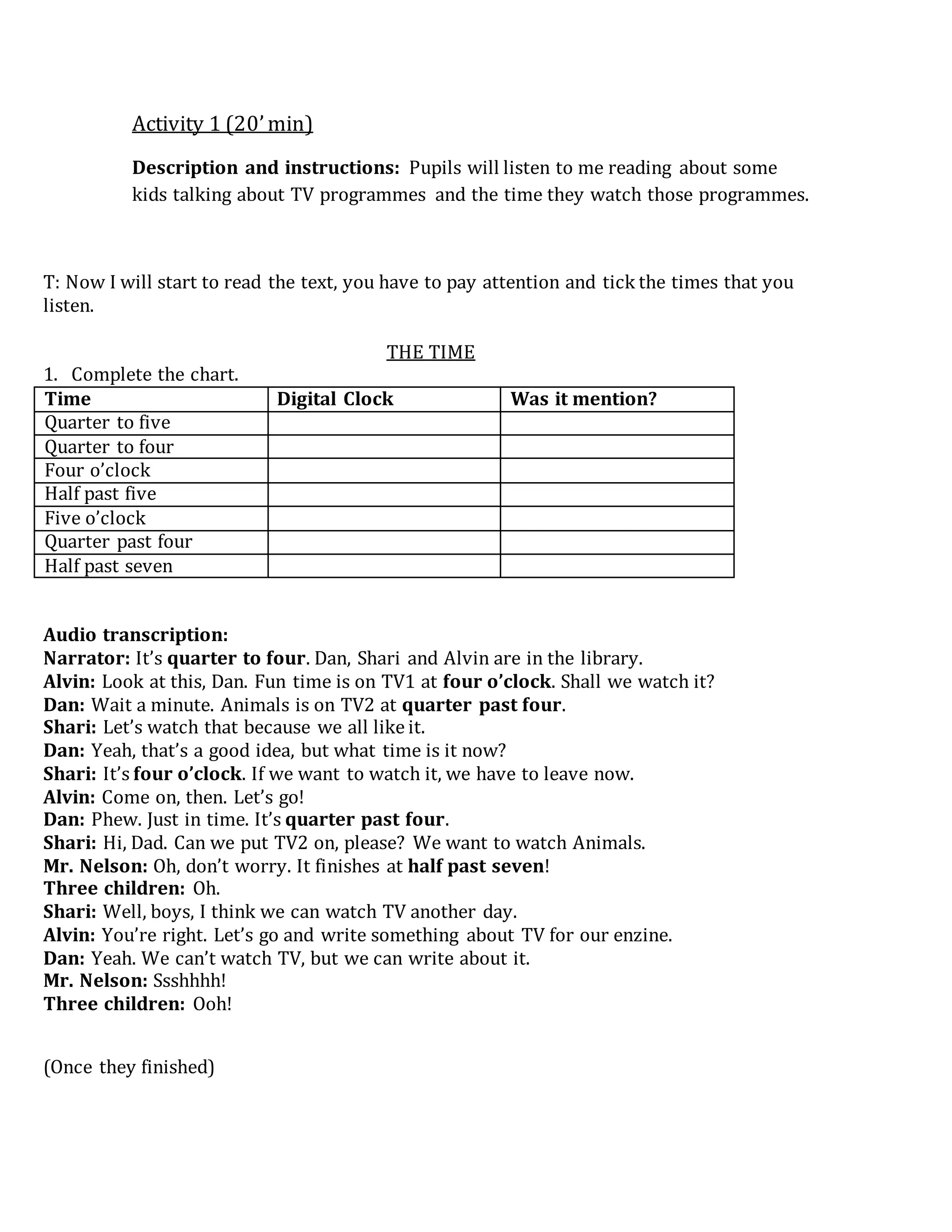 Lesson plans, class 4 | DOCX