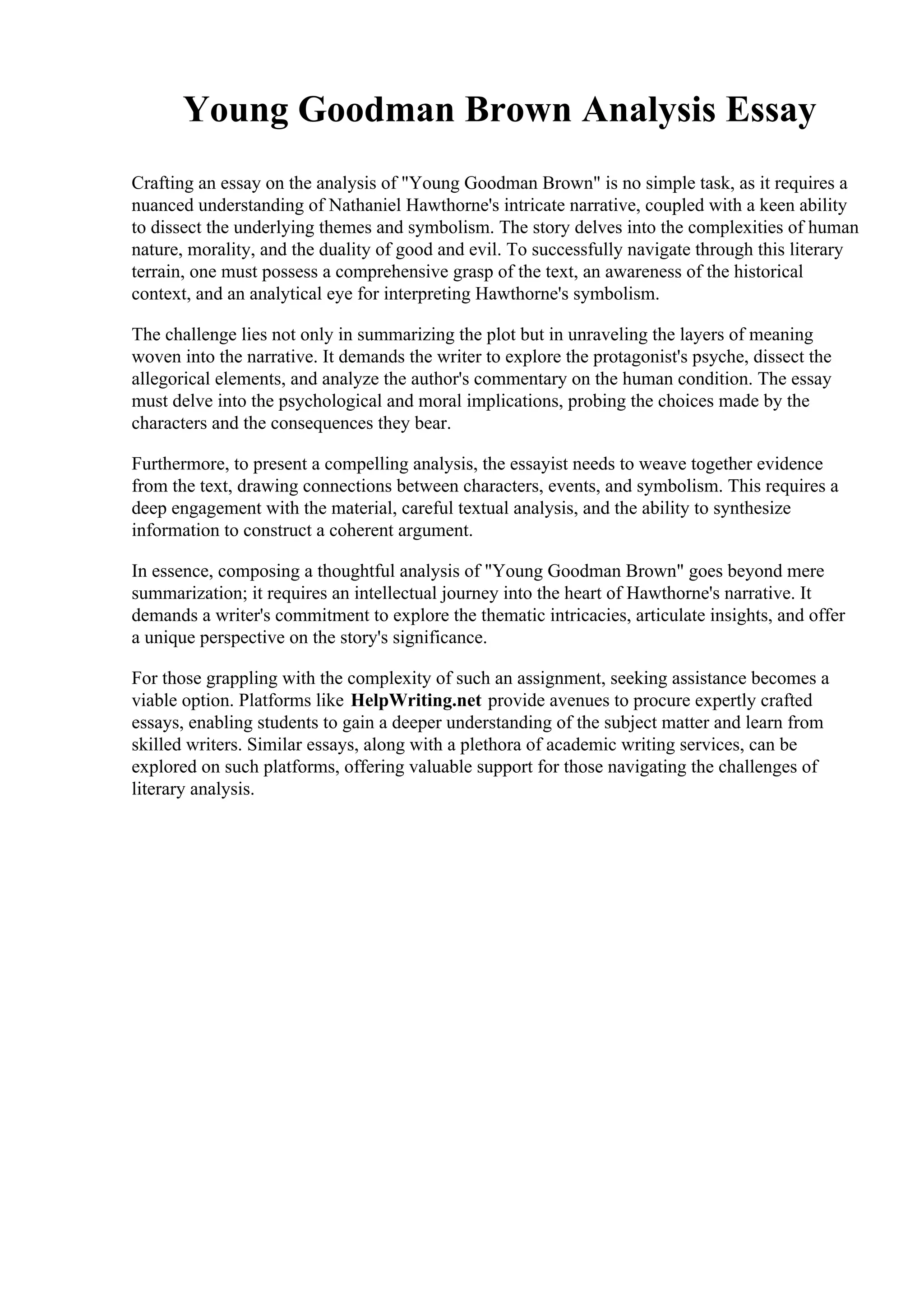 Young Goodman Brown Analysis Essay. Illinois Central College | PDF