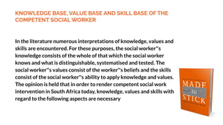 INTRODUCTION TO SOCIAL WORK.KNOWLEDGE BASE, VALUE BASE AND SKILL BASE ...