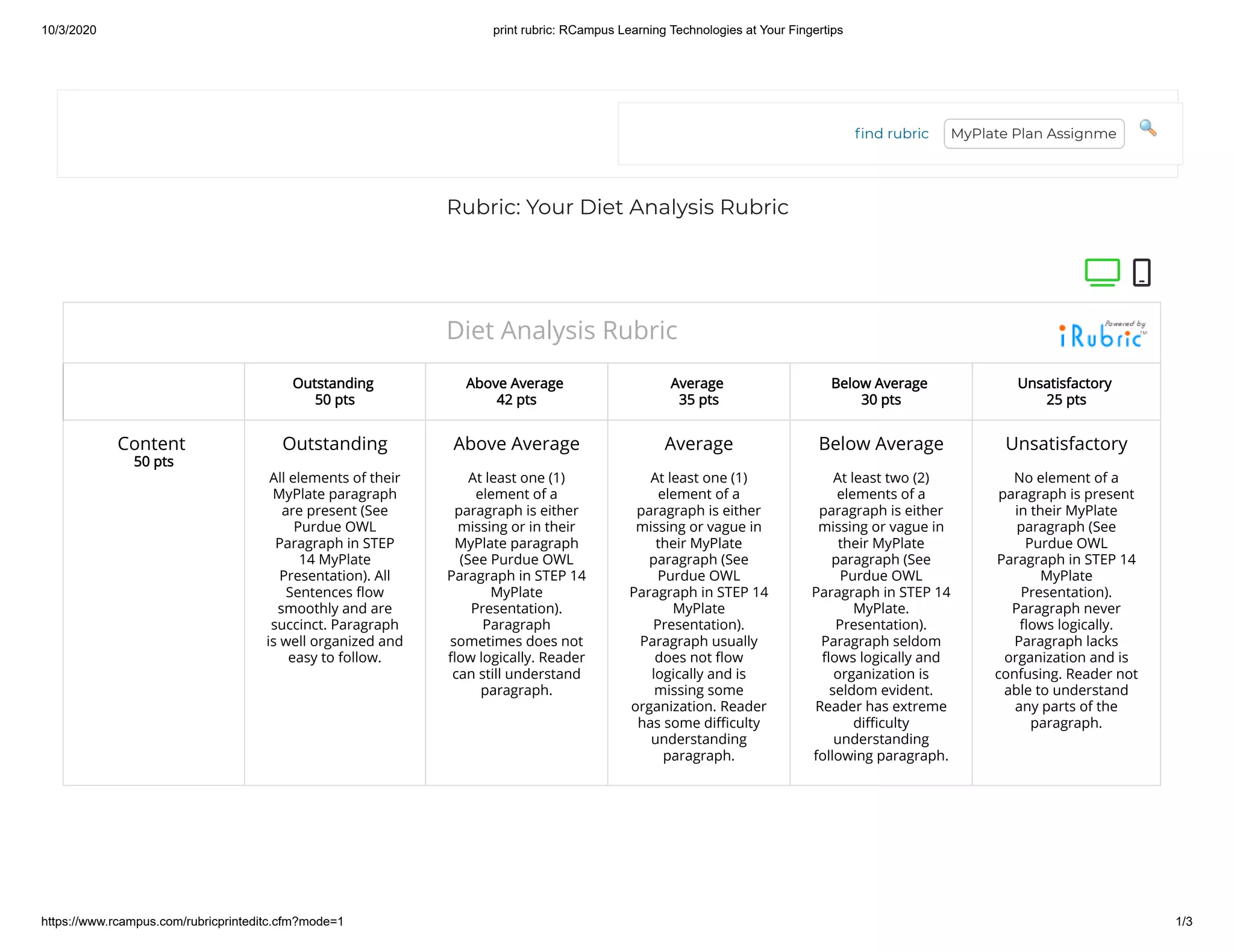 Your Diet Analysis Rubric | PDF