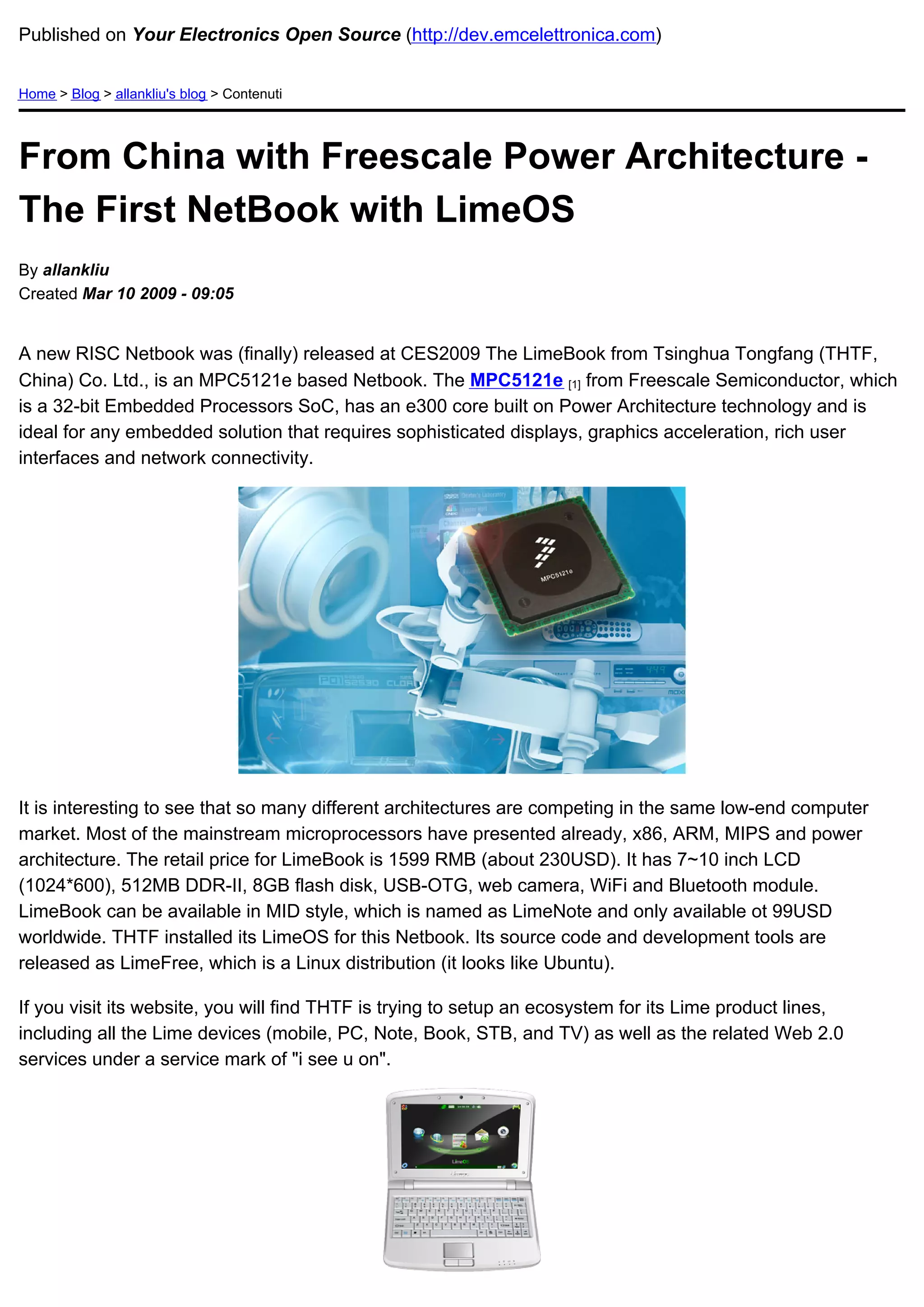 From China with Freescale Power Architecture - The First NetBook with LimeOS | PDF