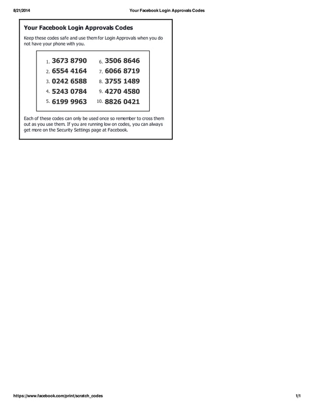 Your facebook login approvals codes | PDF