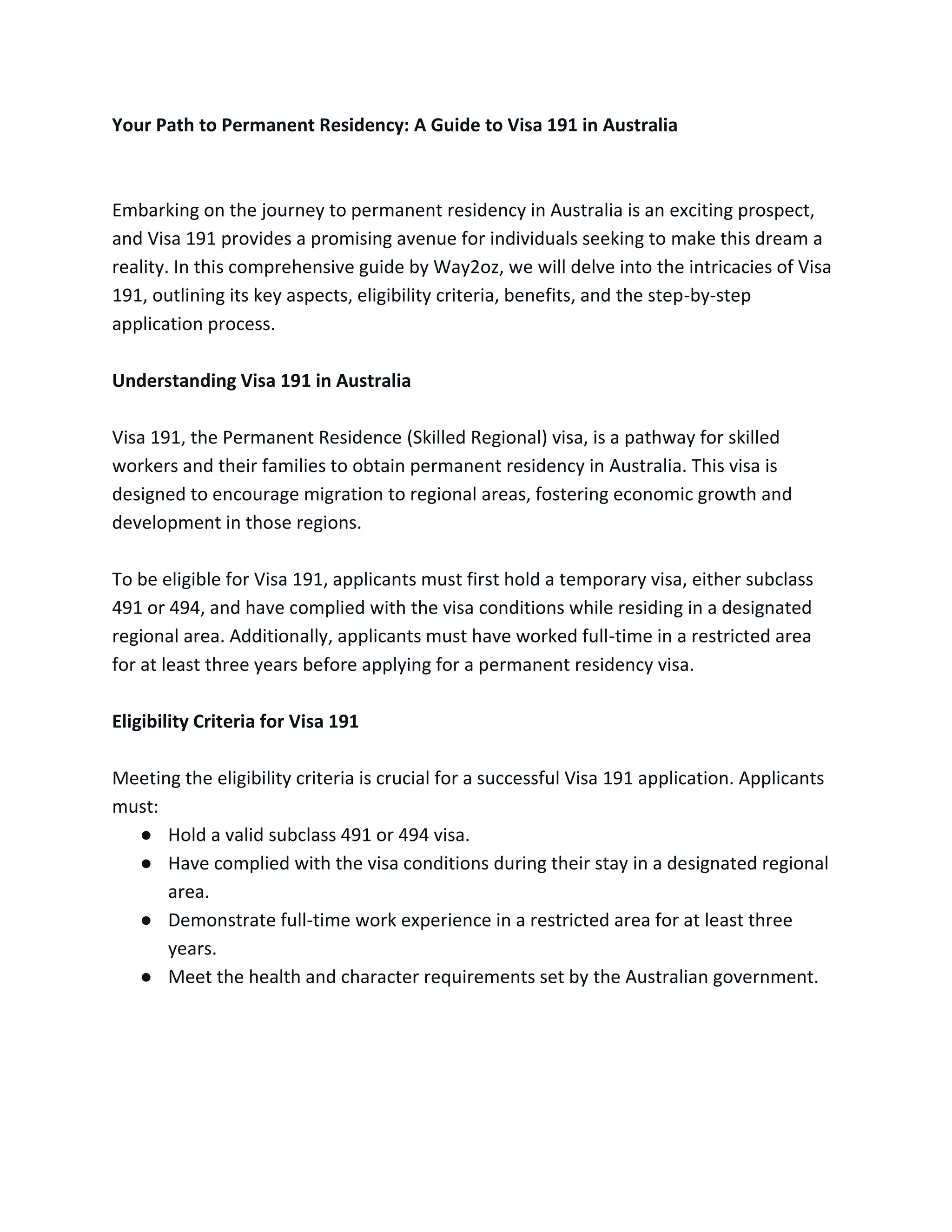 Your Path to Permanent Residency: A Guide to Visa 191 in Australia | DOCX