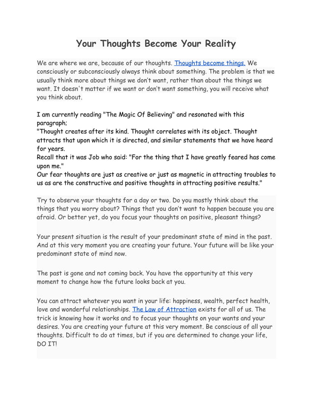 Your Thoughts Become Your Reality | PDF | Mental Health | Diseases and ...