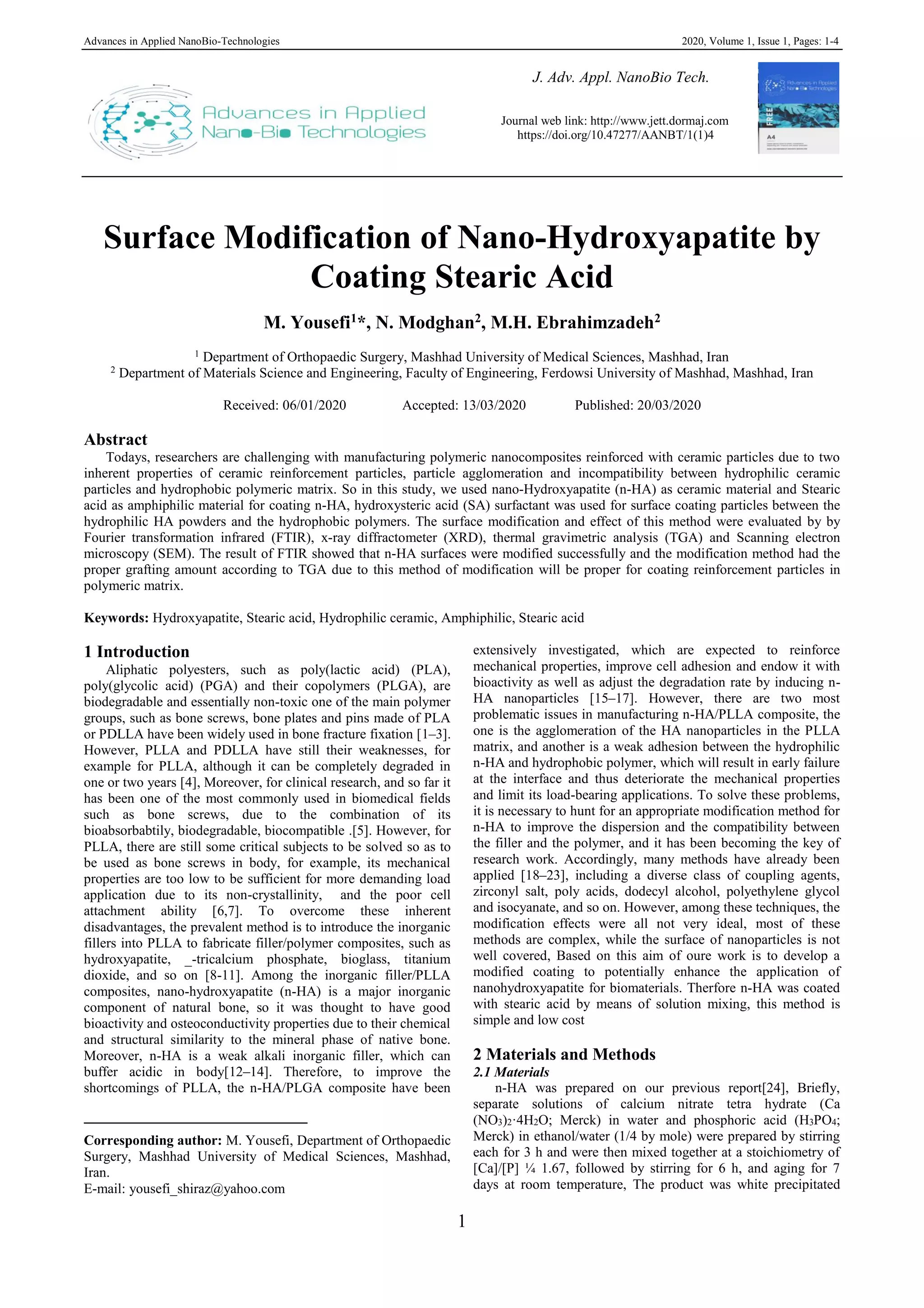 Surface Modification of Nano-Hydroxyapatite by Coating Stearic Acid | PDF