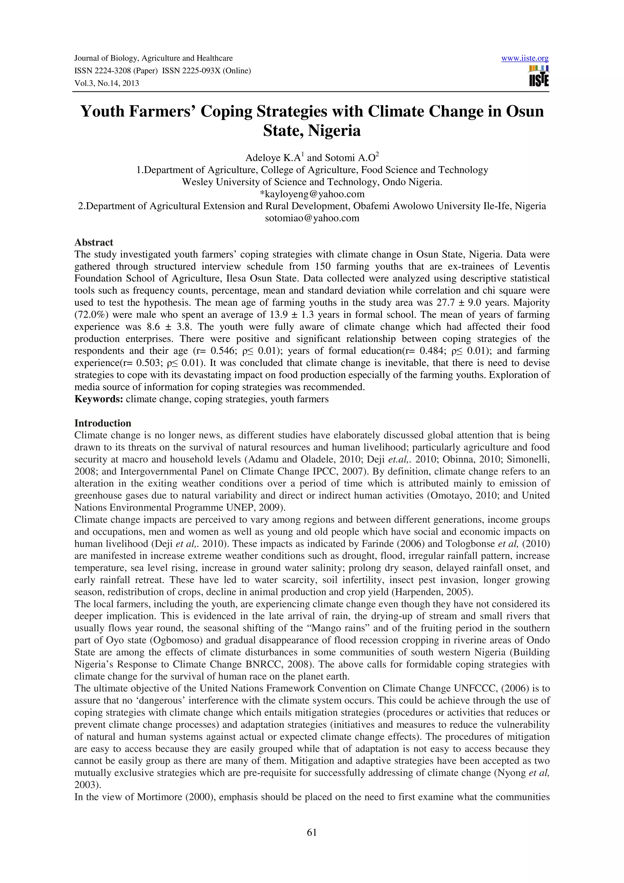 Youth farmers’ coping strategies with climate change in osun state ...