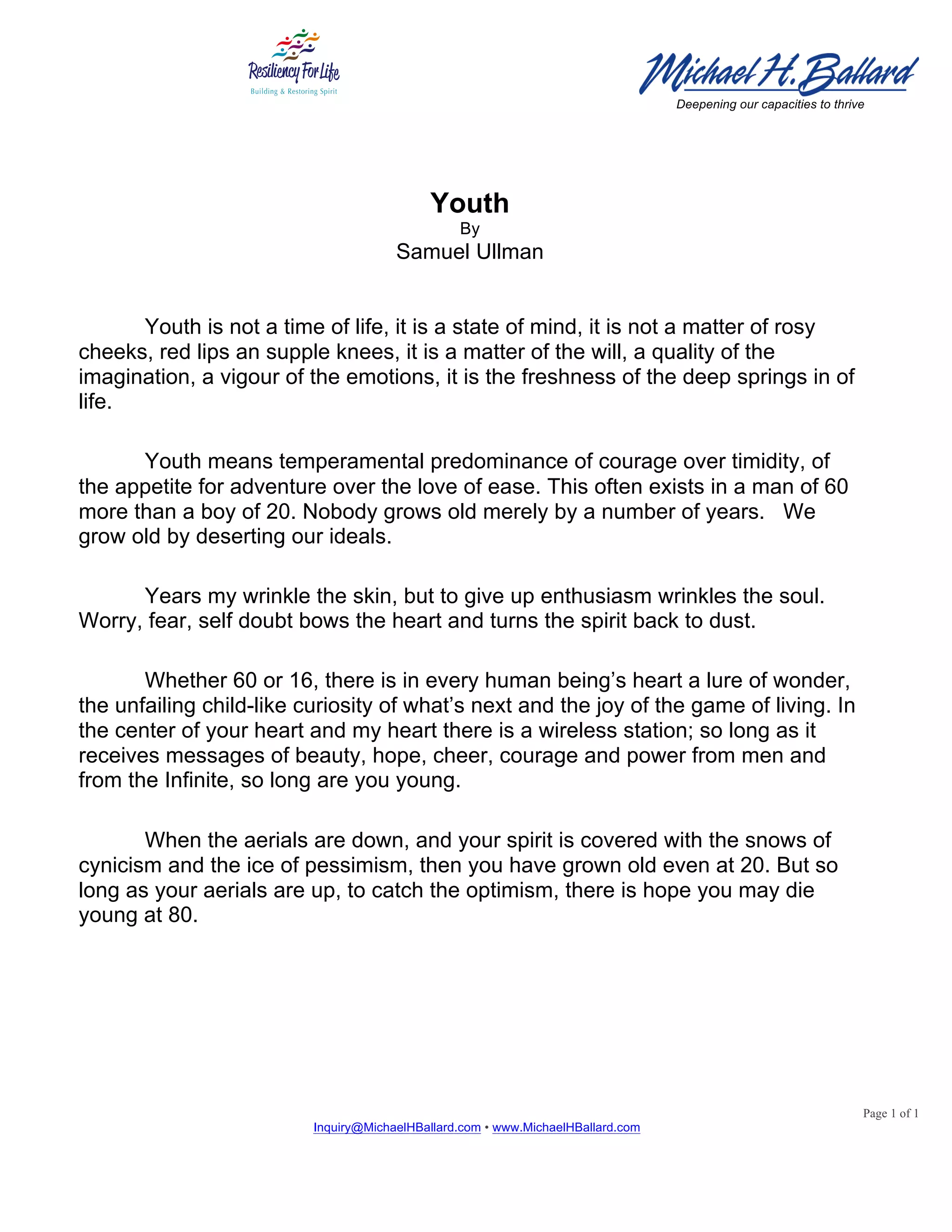 Youth Samuel Ullman | PDF
