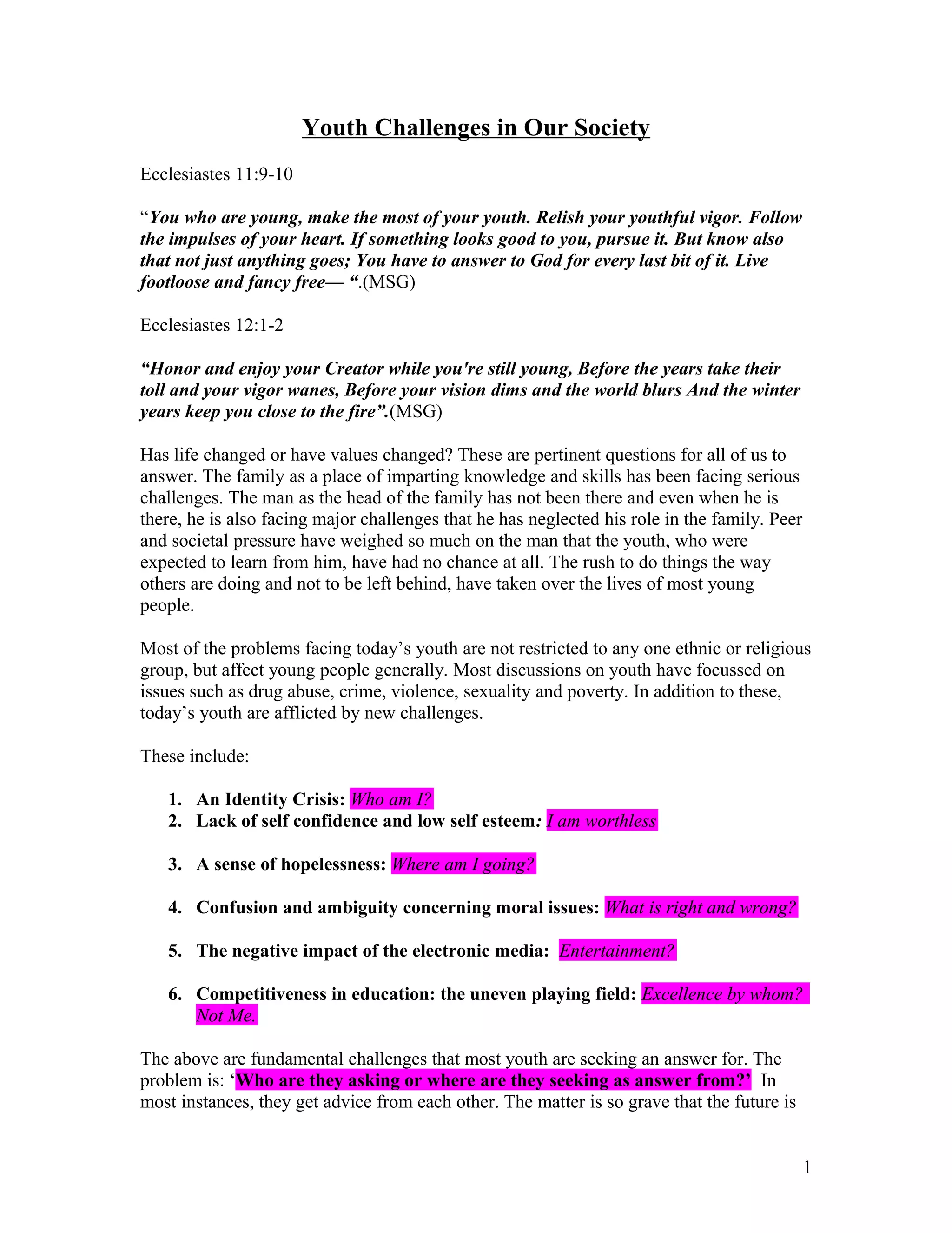 Youths challenges in our society | DOC