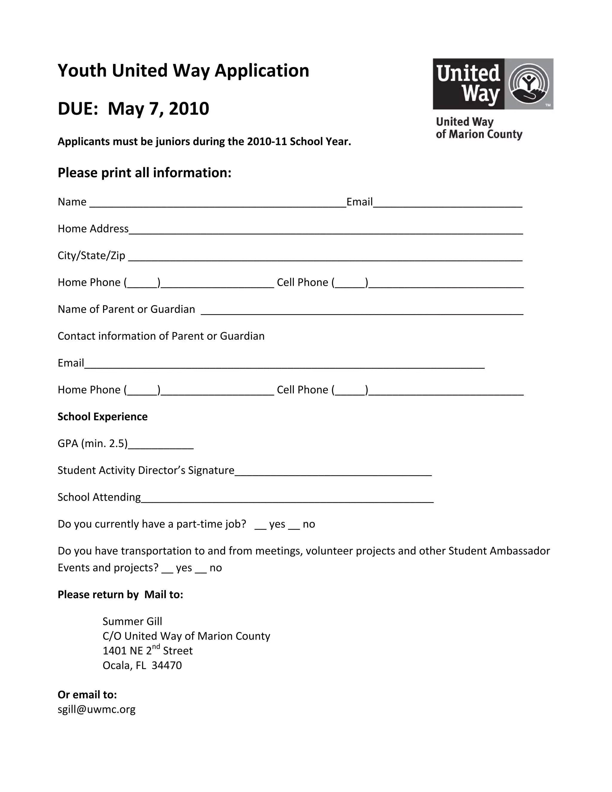 Youth United Way Application | PDF