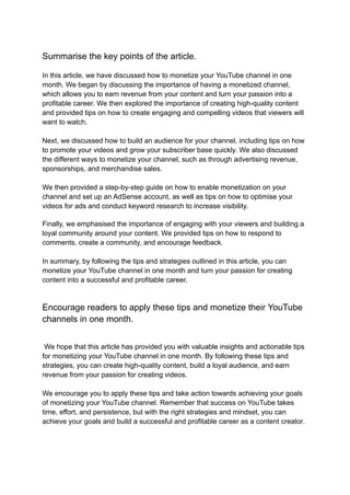 step by step process to monetize youtube channel in one month | PDF