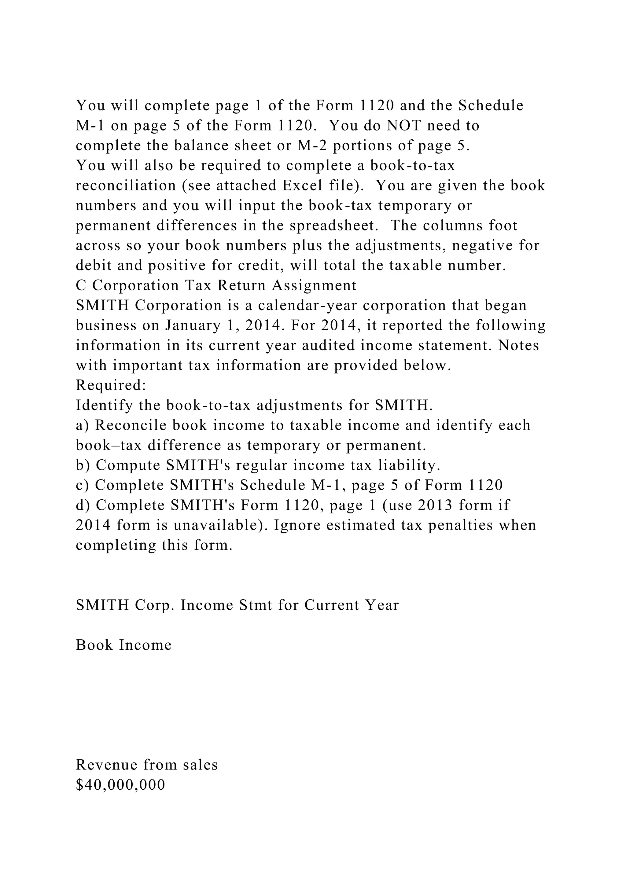 You will complete page 1 of the Form 1120 and the Schedule M-1 on pa.docx