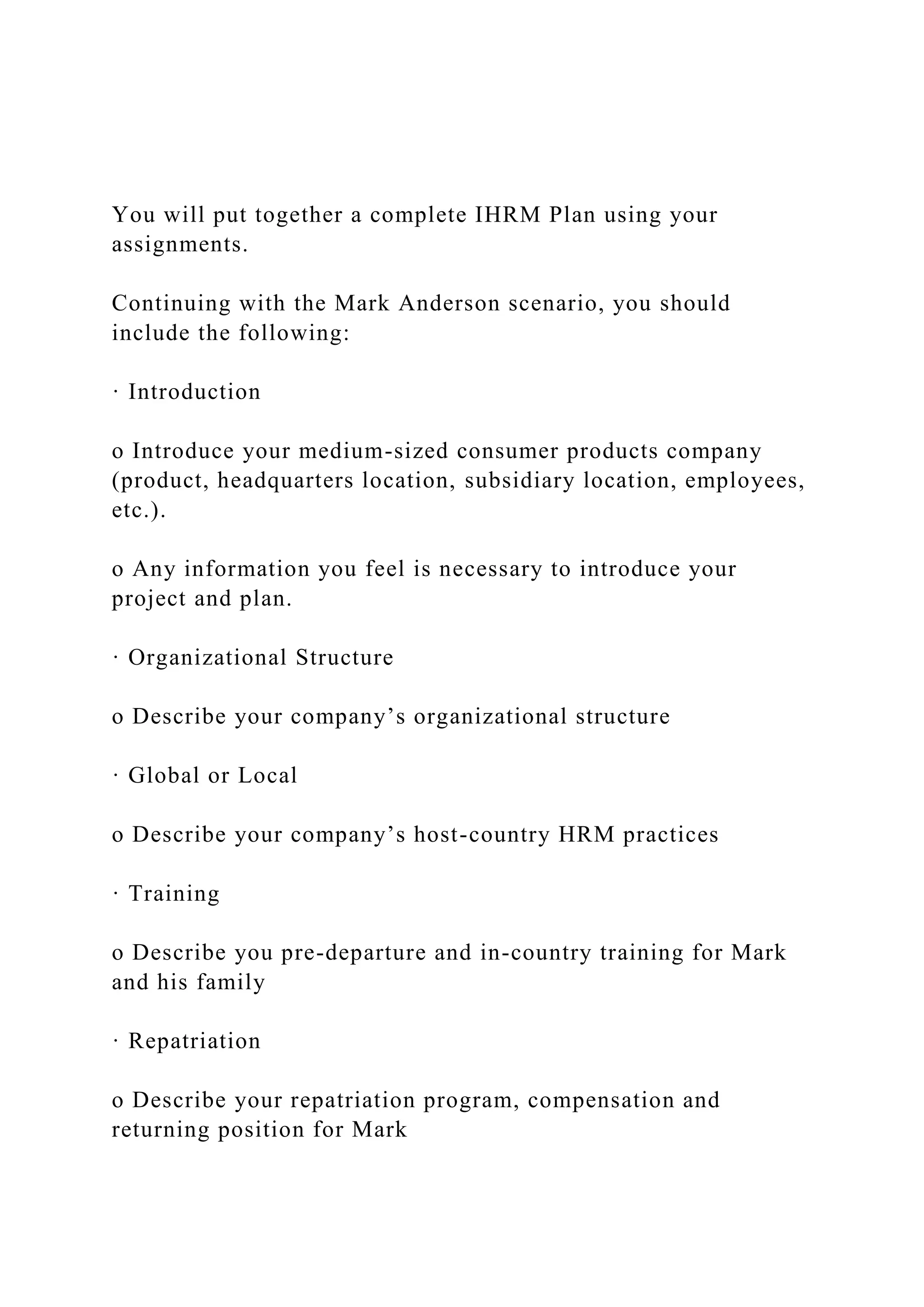 You will put together a complete IHRM Plan using your assignment | PDF