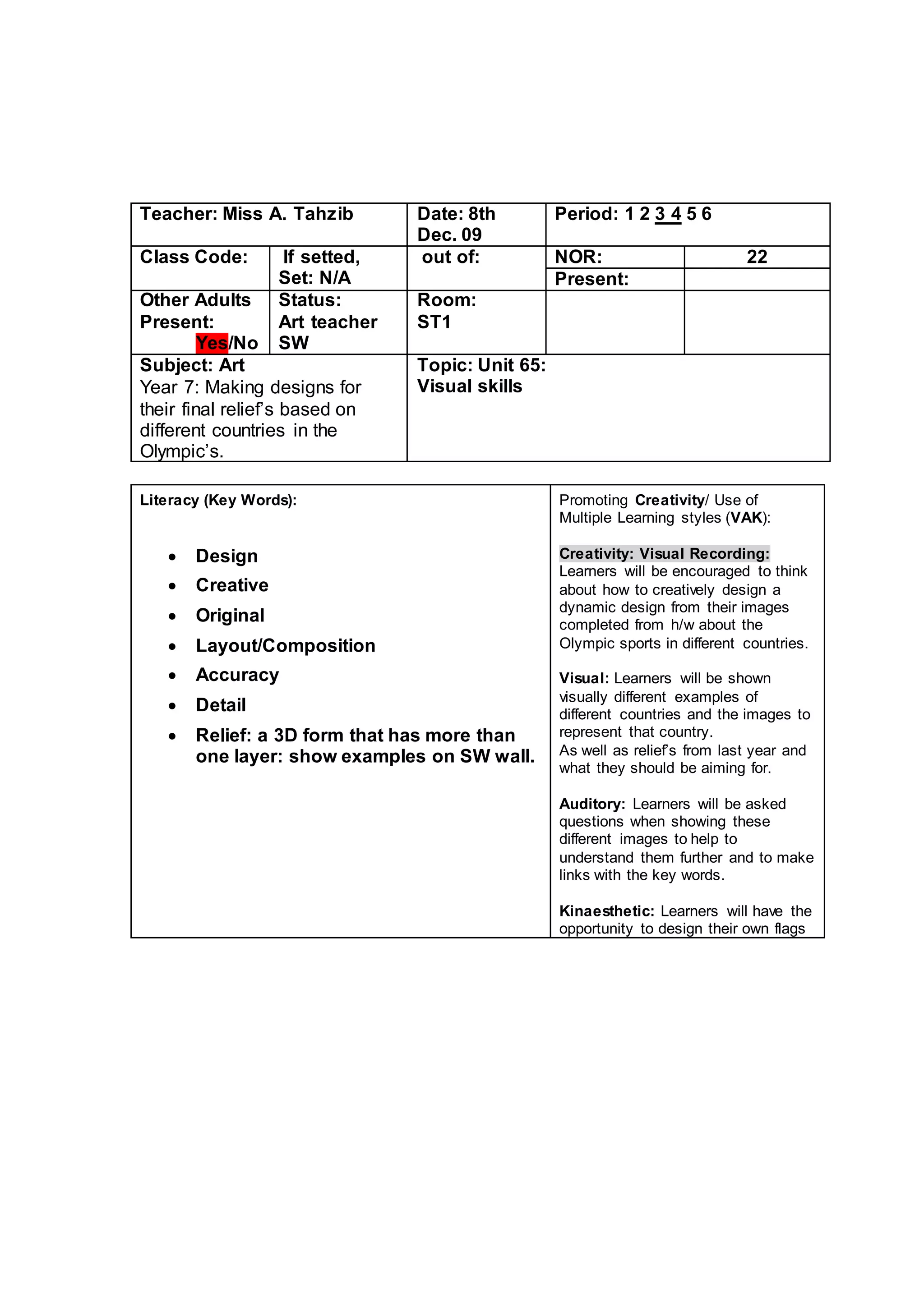 Year 7 Lesson Plan | DOCX