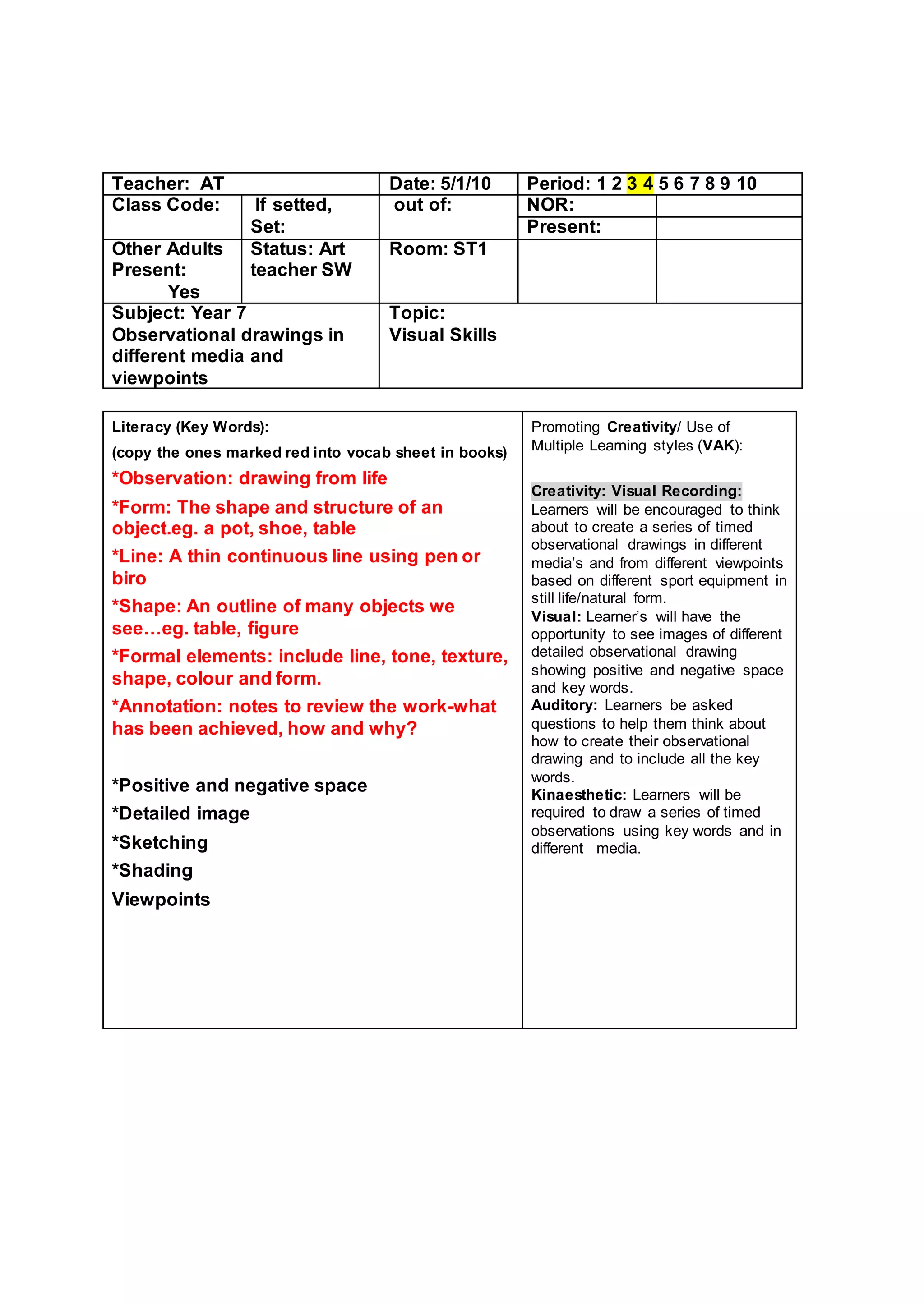 Yr 7 Lesson Plan | DOCX