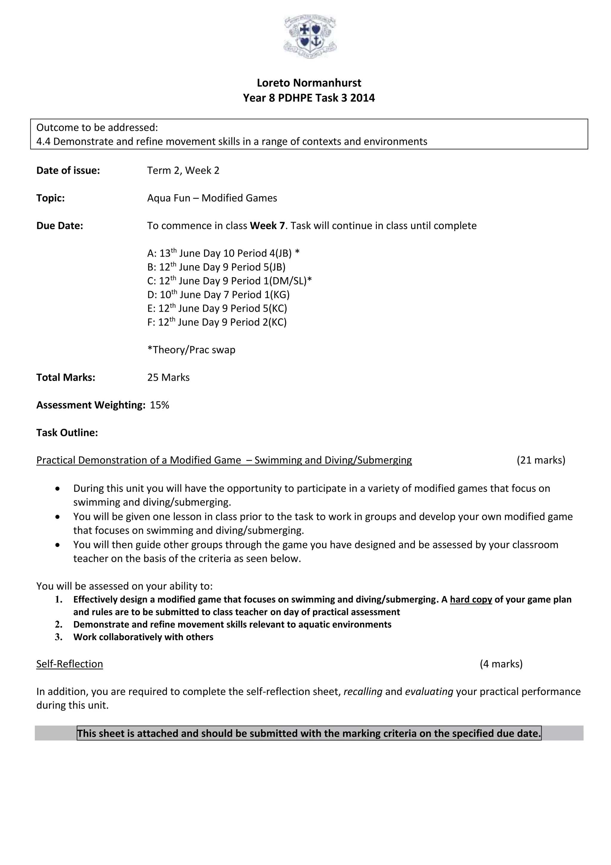 Yr 8 aqua fun task 2014 reflection | DOCX