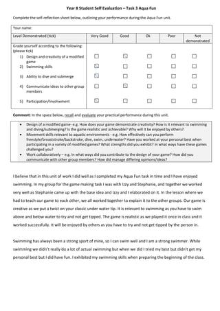 Yr 8 aqua fun task 2014 reflection | PDF