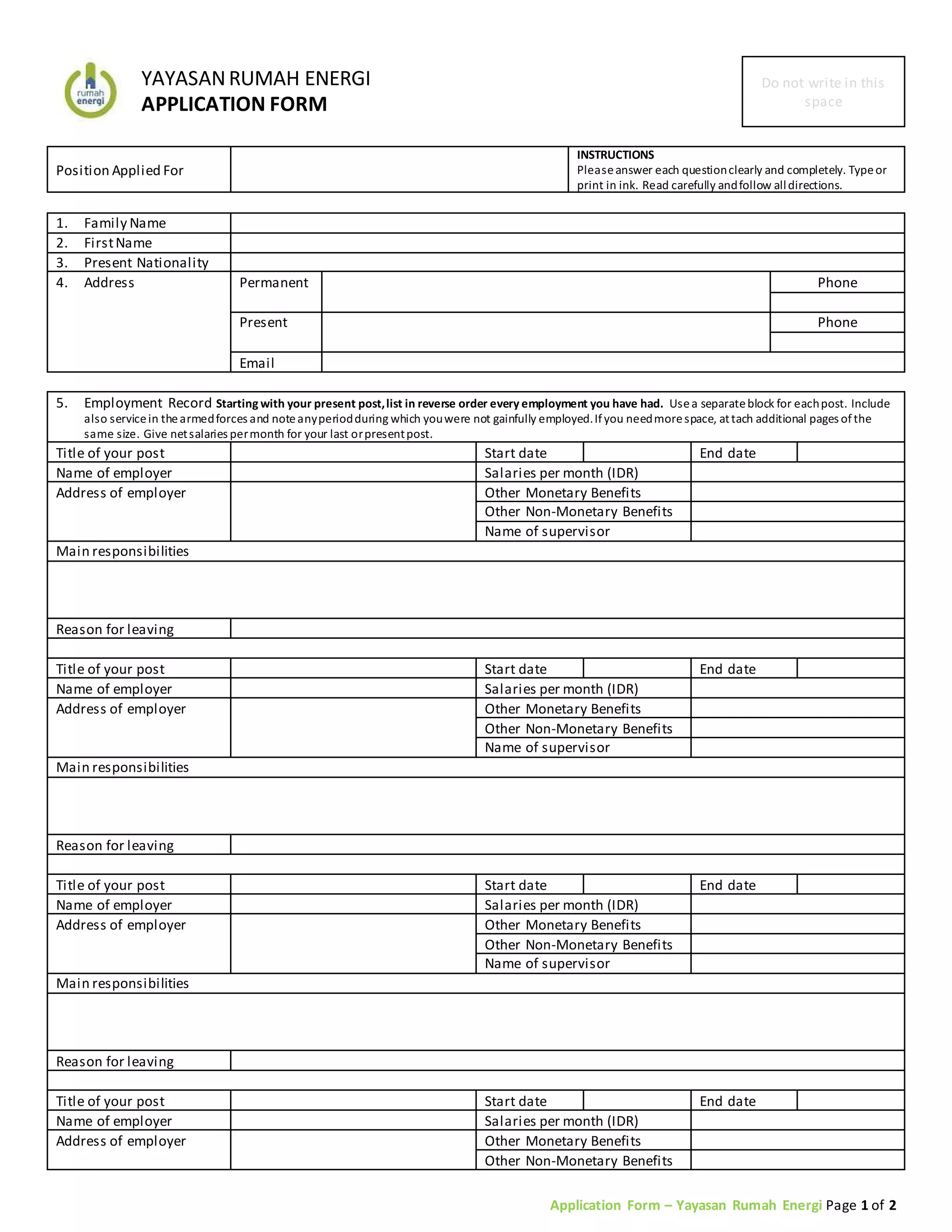 Yre application form | DOCX