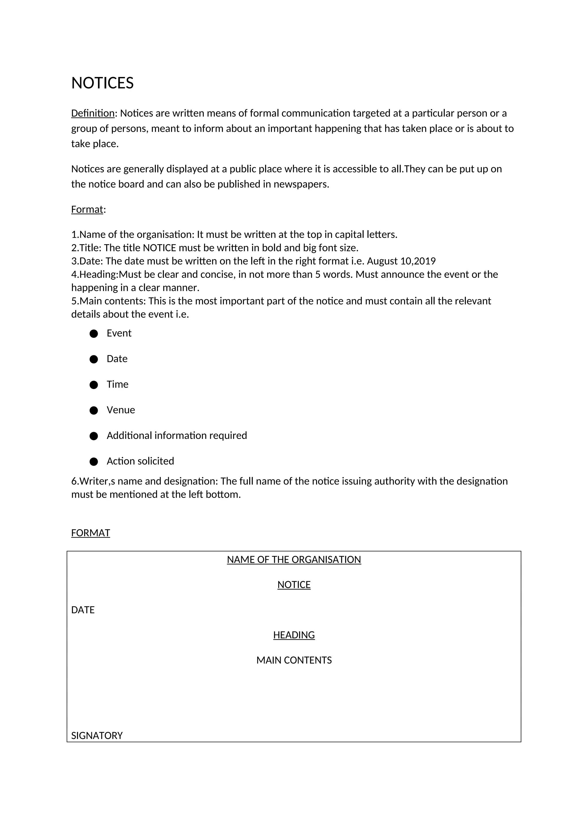 NOTICES: Notice writing for Graduation level students | DOCX