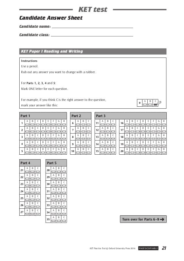 Ket Paper 1 Reading And Writing Candidate Answer Sheet at Harrison ...