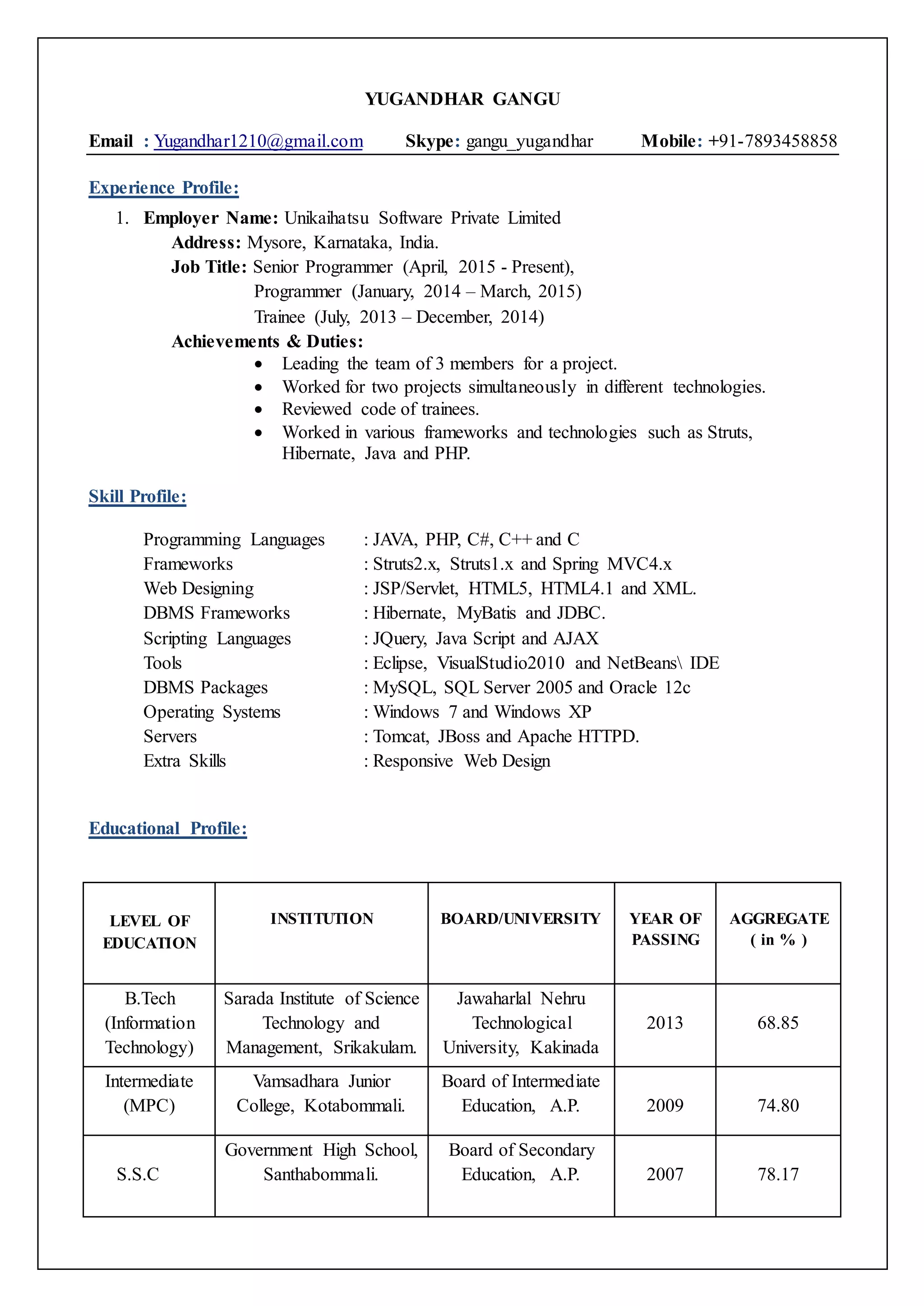 Yugandhar resume | DOCX