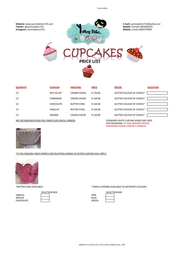 Yummy bites cupcake price list | PDF