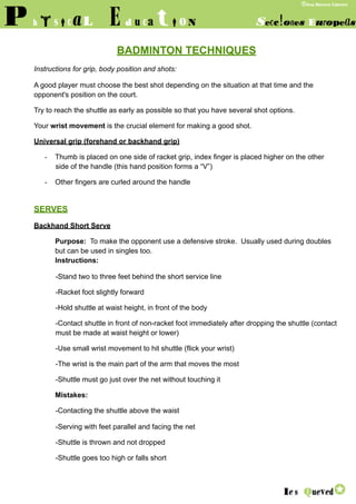 Badminton techniques for anyone | PDF | Badminton | Sports