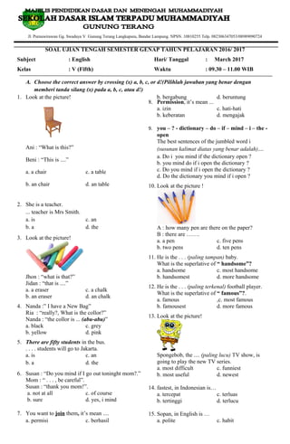 soal uts bahasa inggris kelas 5 | DOC