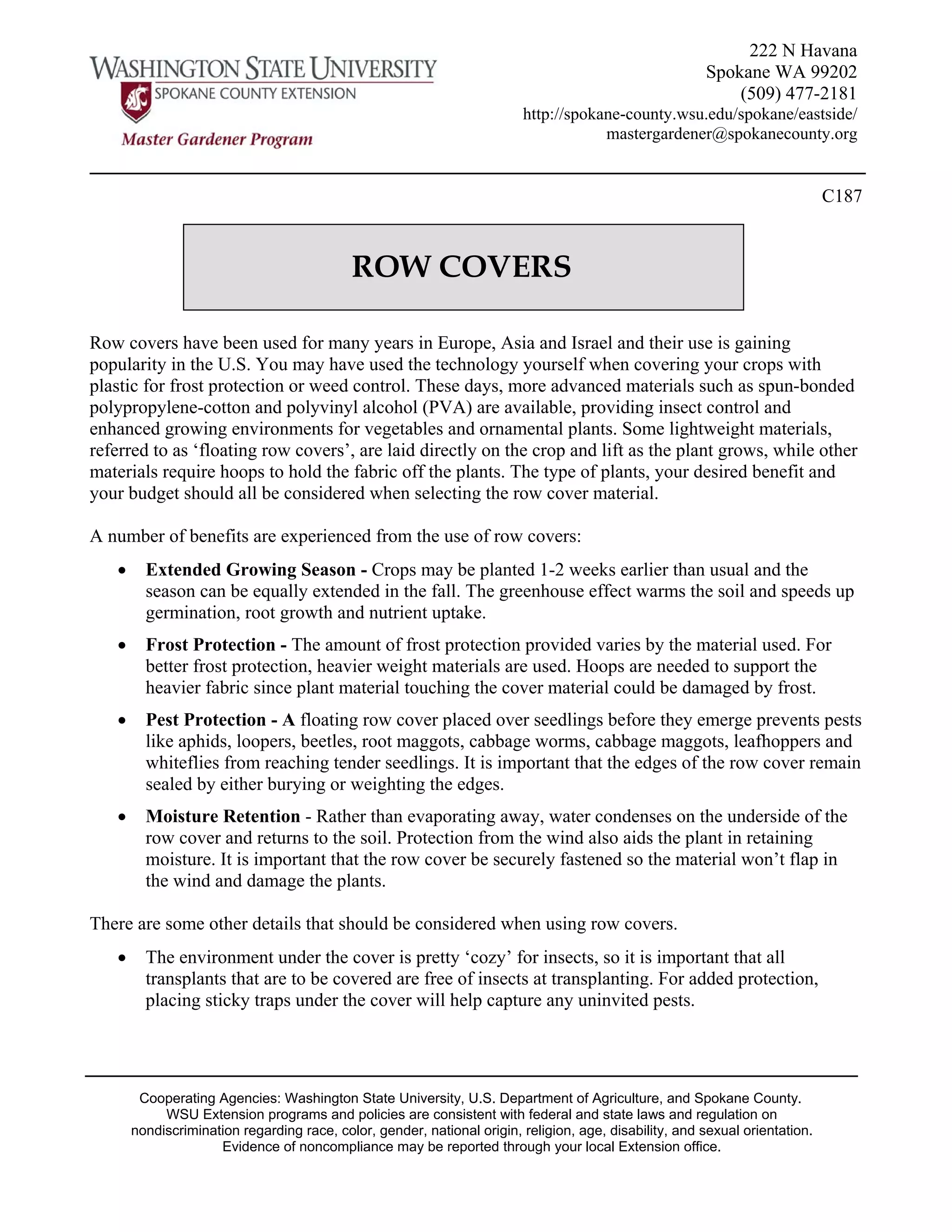 Row Covers; Gardening Guidebook for Spokane, Washington | PDF