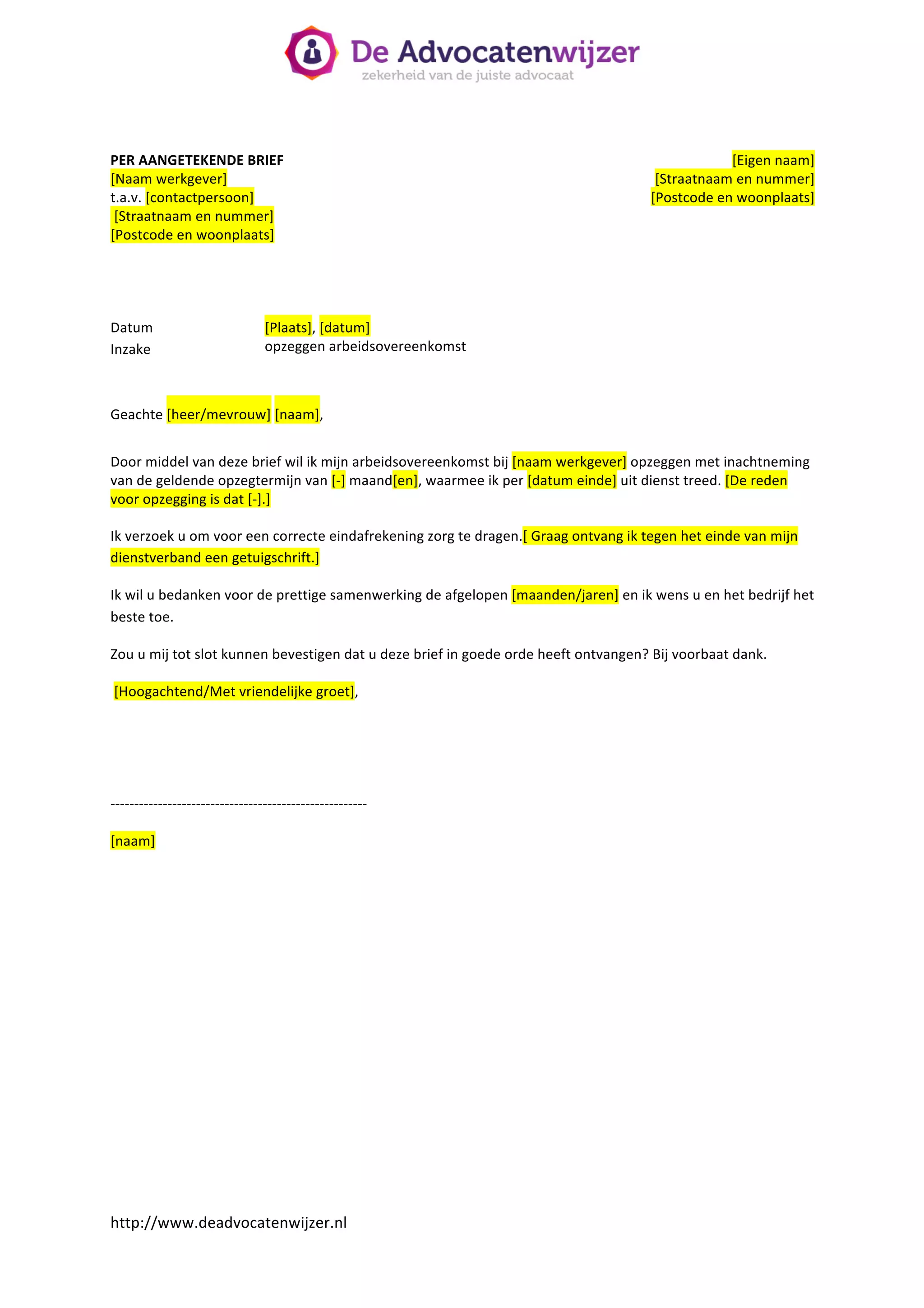 Opzegbrief arbeidsovereenkomst werknemer - De Advocatenwijzer | PDF