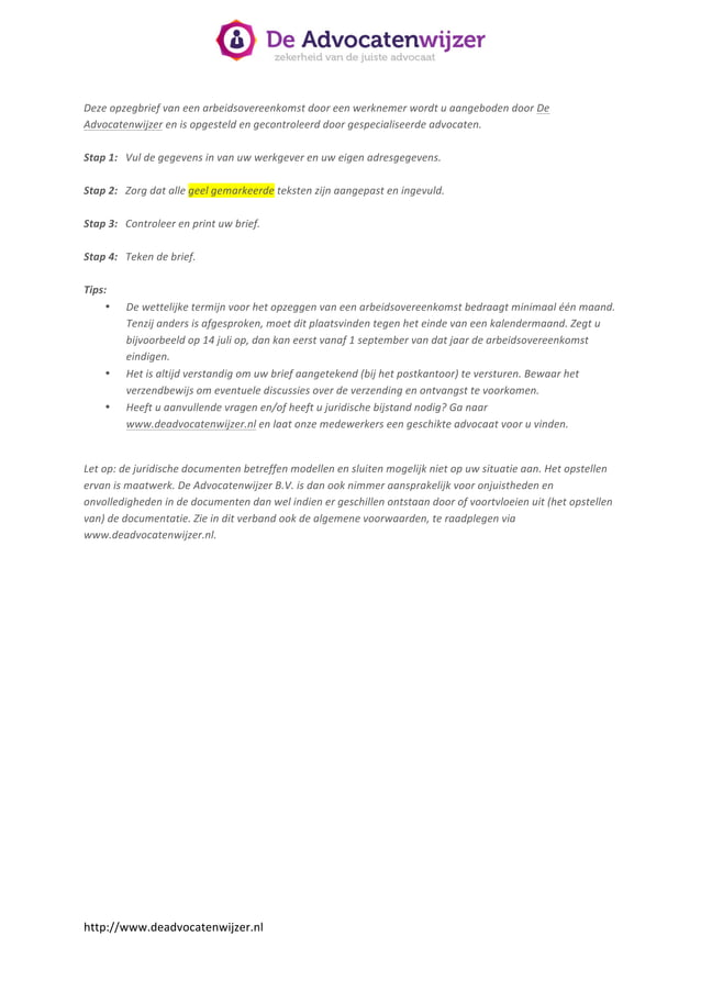 Opzegbrief arbeidsovereenkomst werknemer - De Advocatenwijzer | PDF