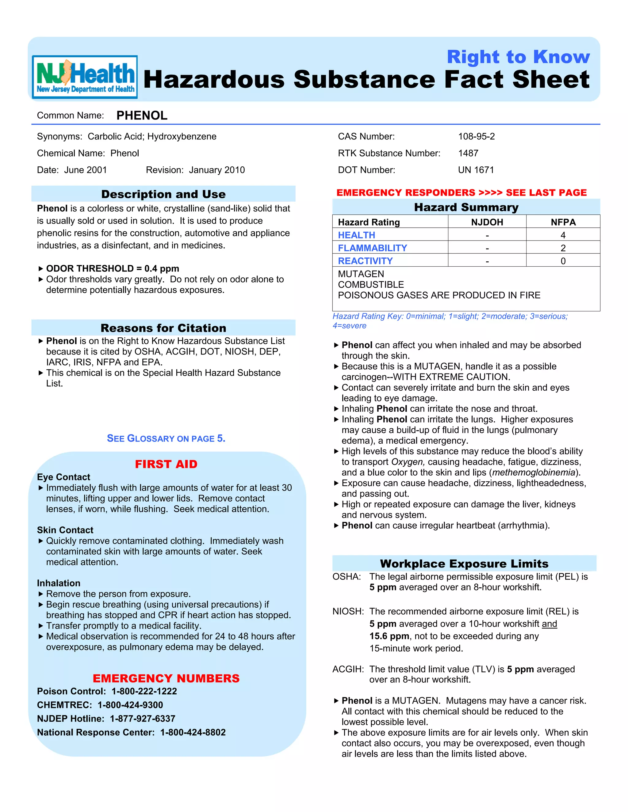 Phenol - Hazardous Substance Fact Sheet | PDF