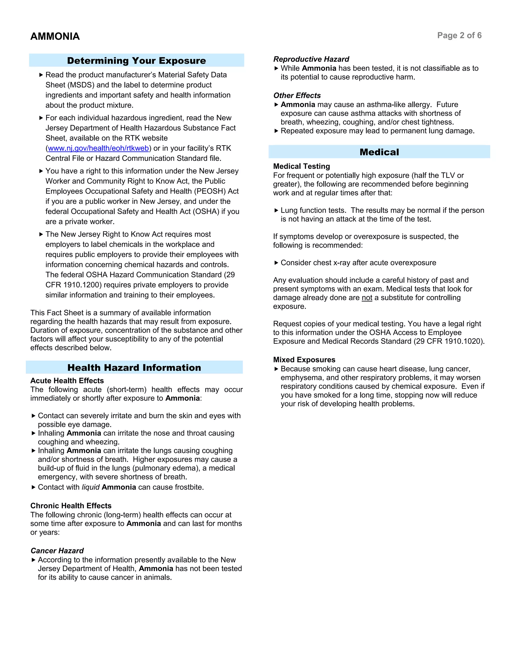 Ammonia - Hazardous Substance Fact Sheet | PDF