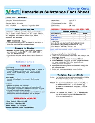 Ammonia - Hazardous Substance Fact Sheet | PDF