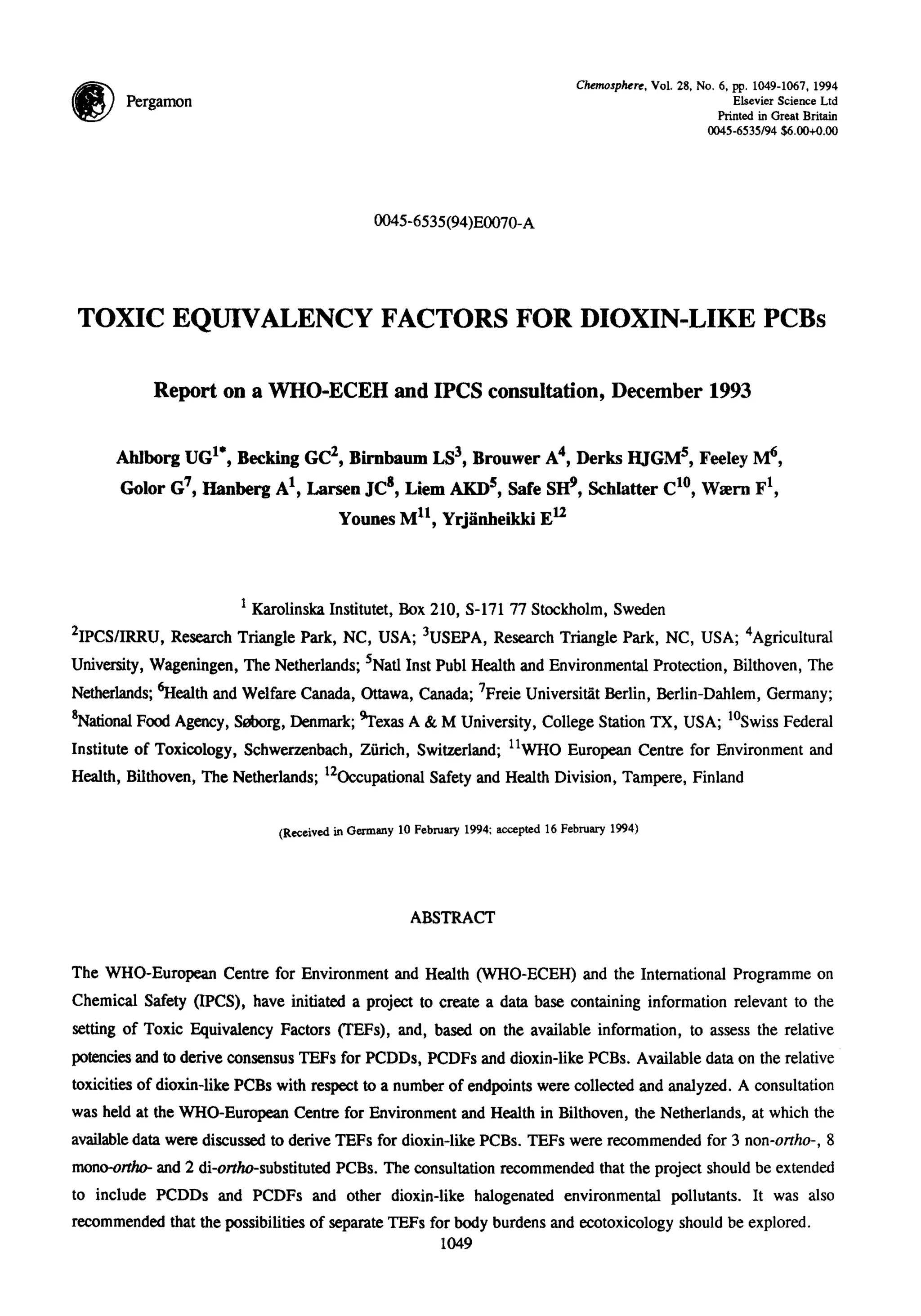 Toxic Equivalency Factors for Dioxin-Like PCBs | PDF