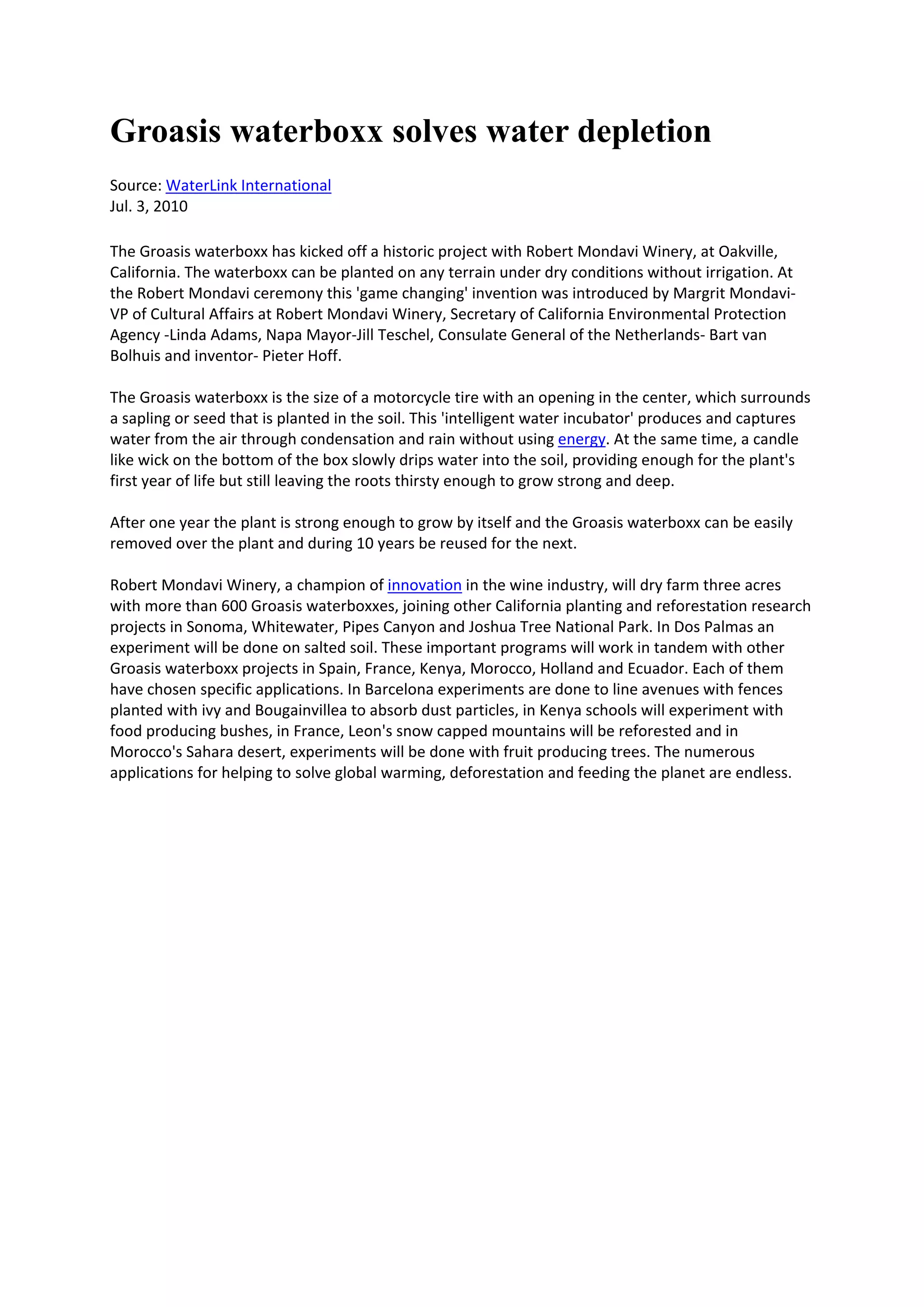 Groasis Waterboxx Solves Water Depletion Problems | PDF