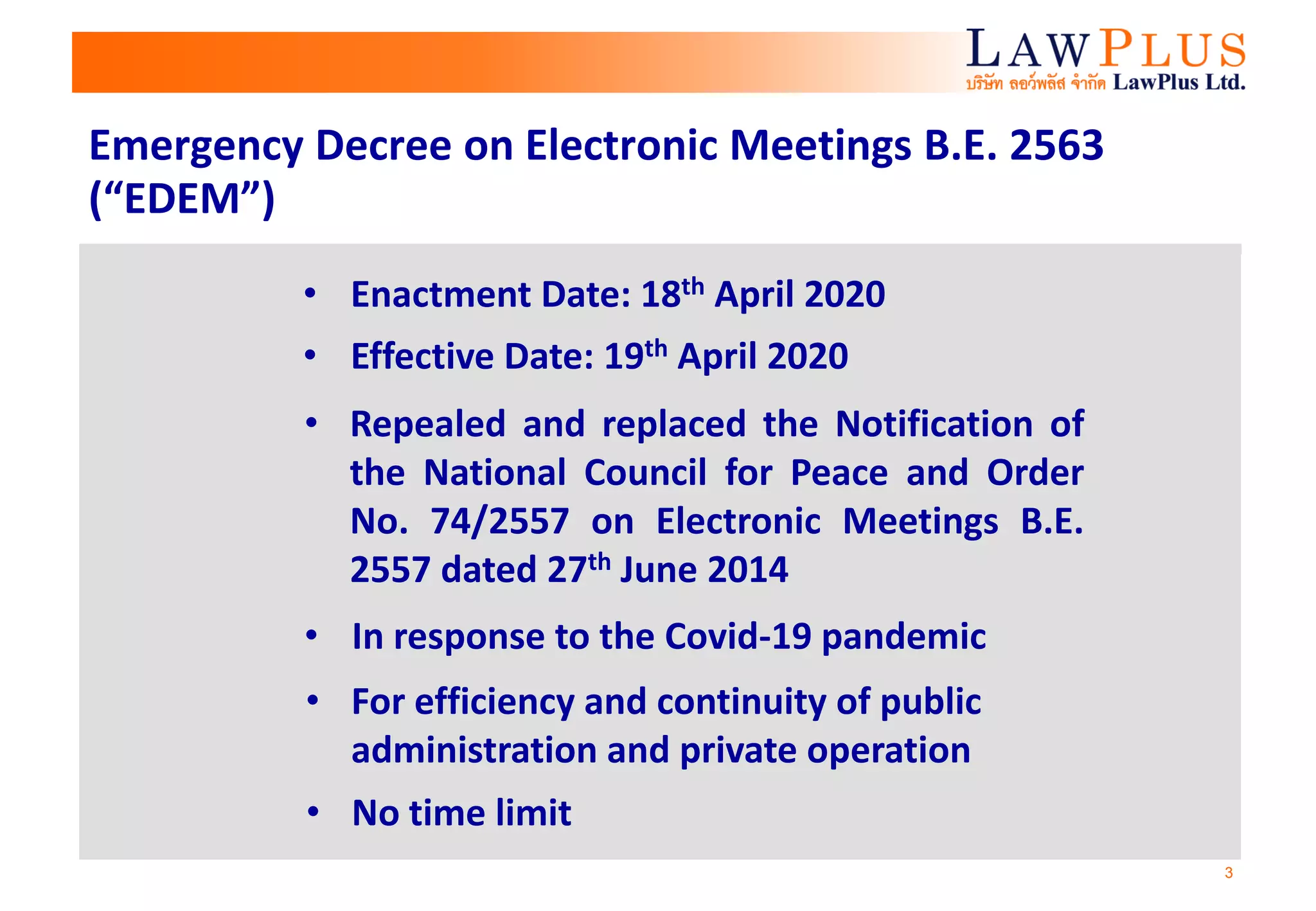 Emergency Decree on Electronic Meetings B.E. 2563 | PDF