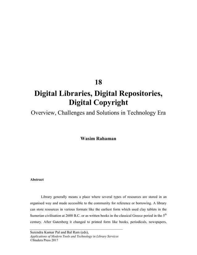 Digital Libraries, Digital Repositories, Digital Copyright: Overview, Challenges and Solutions ...