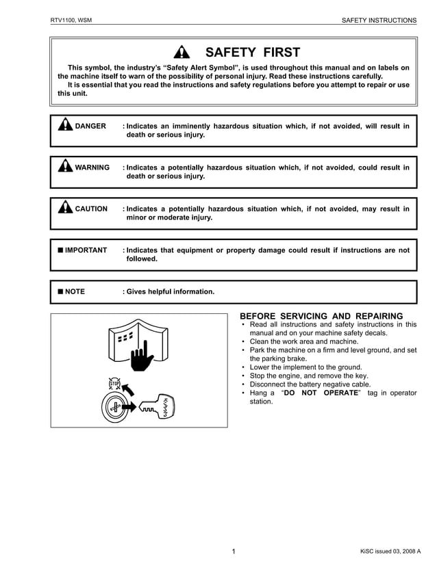 KUBOTA RTV1100 UTILITY VEHICLE UTV Service Repair Manual | PDF | First ...