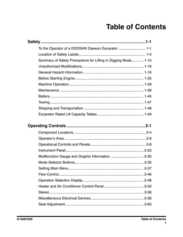 Daewoo Doosan DX480LC Excavator Operation and Maintenance manual ...