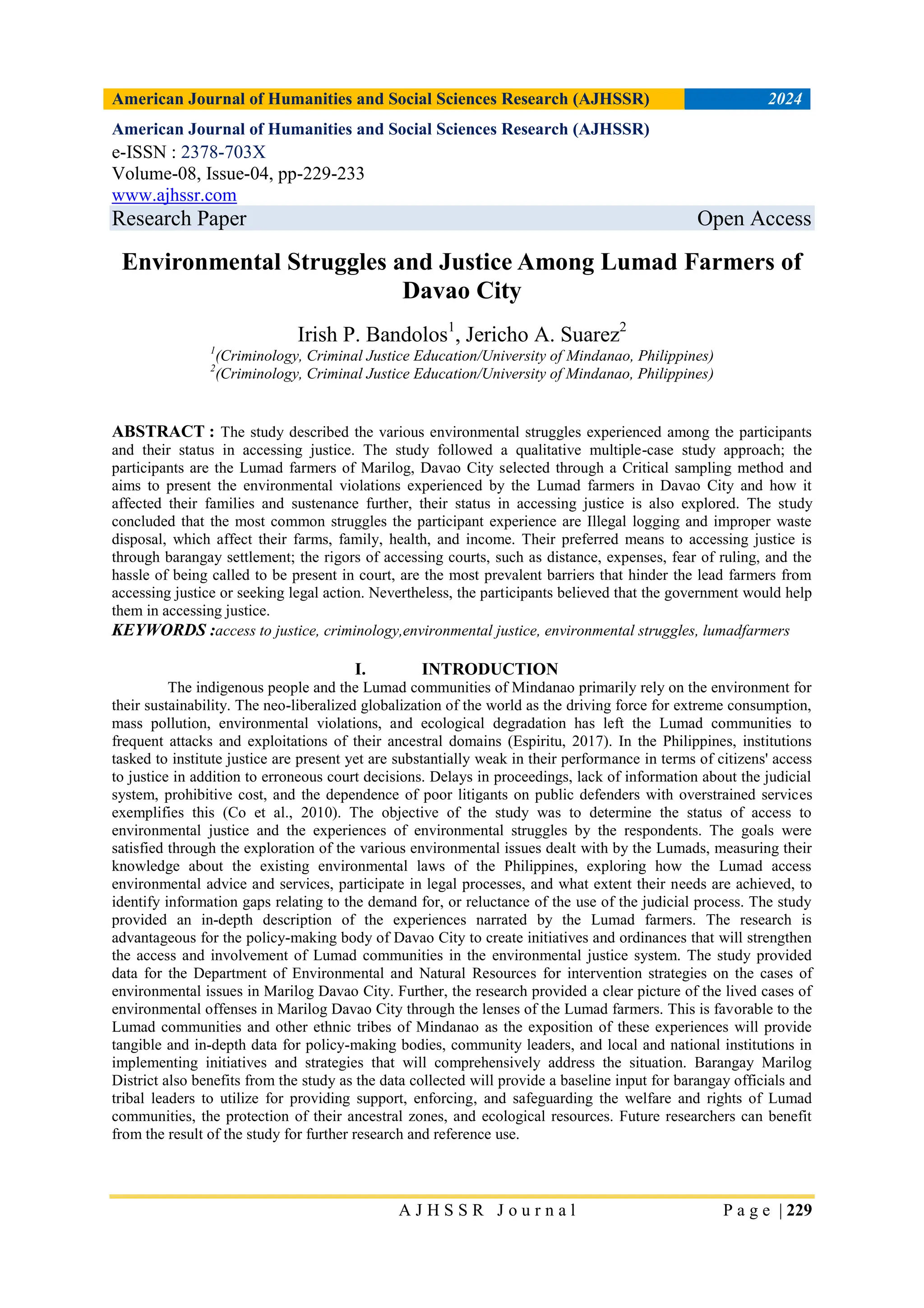 Environmental Struggles and Justice Among Lumad Farmers of Davao City | PDF