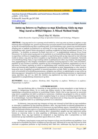 Antas ng Interes sa Pagbasa sa mga Klasikong Akda ng mga Mag-Aaral sa BSEd Filipino: A Mixed ...