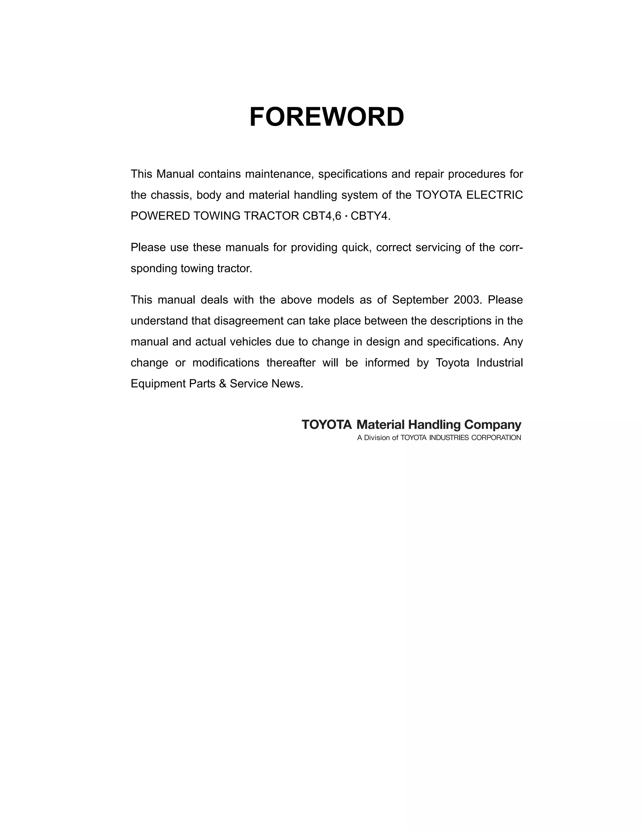 Toyota CBT6 ELECTRIC POWERED TOWING TRACTOR Service Repair Manual | PDF