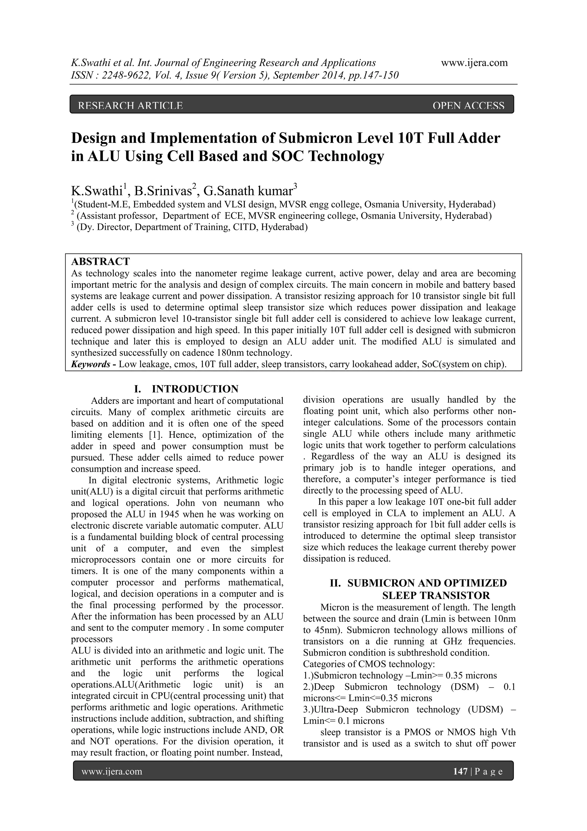 Design and Implementation of Submicron Level 10T Full Adder in ALU Using Cell Based and SOC ...