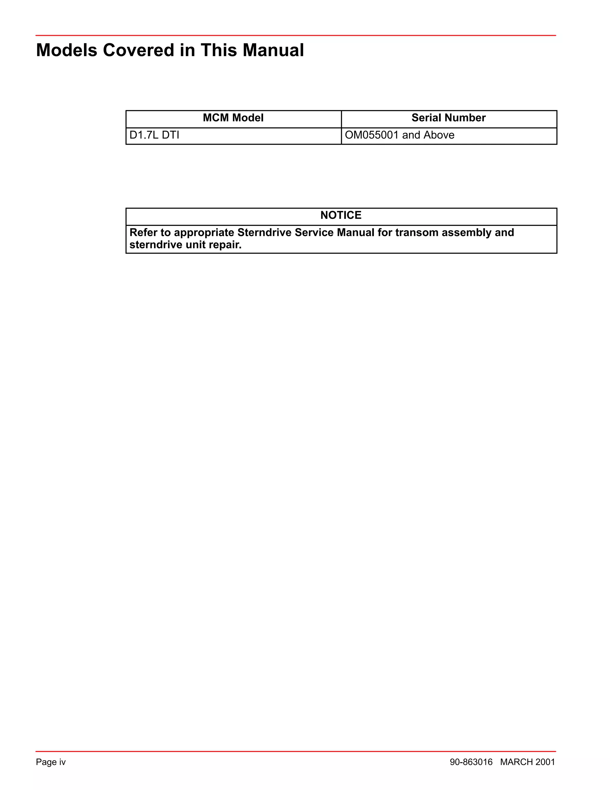 Mercury MerCruiser D1.7L DTI (0M055001 and Above) Service Repair Manual ...
