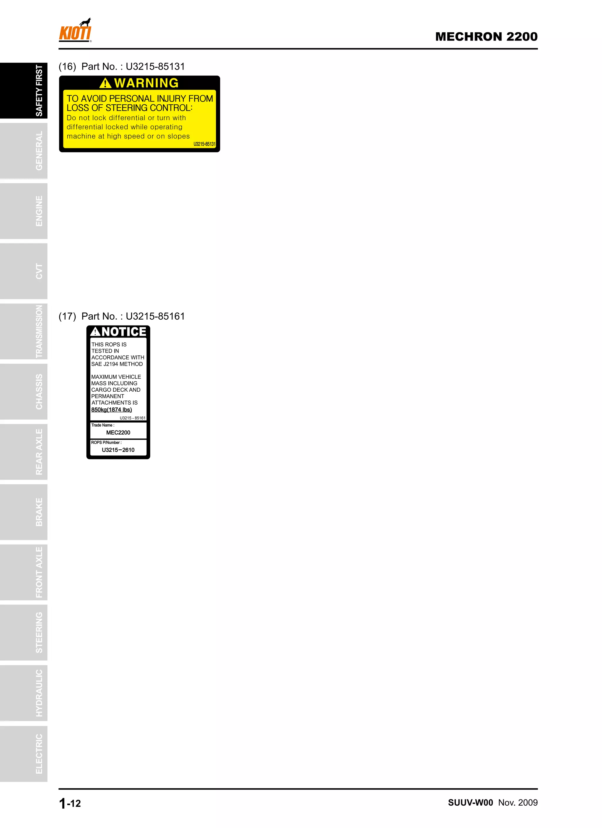 Kioti Daedong MECHRON 2200 UTV Service Repair Manual | PDF