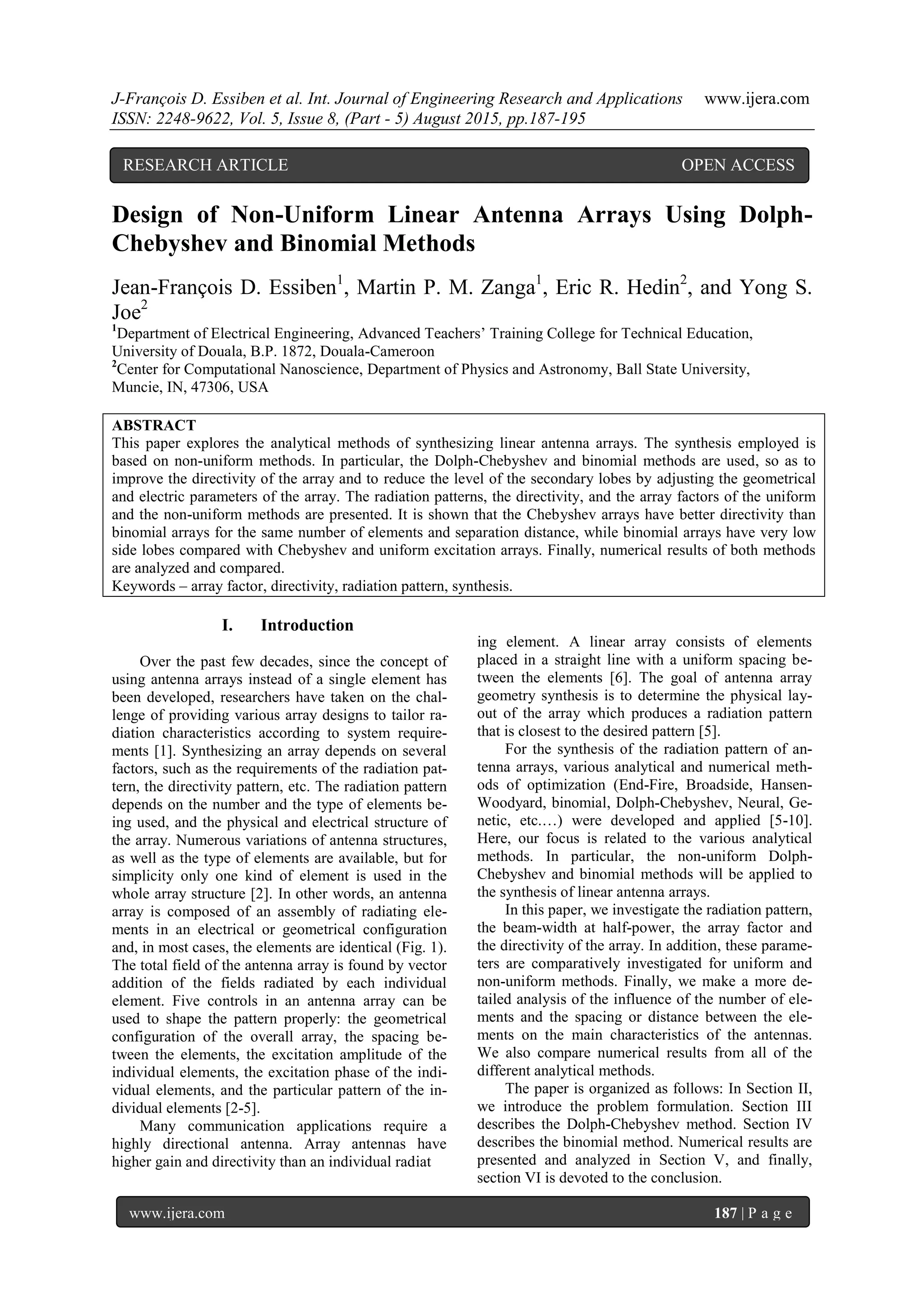 Design of Non-Uniform Linear Antenna Arrays Using Dolph- Chebyshev and Binomial Methods | PDF